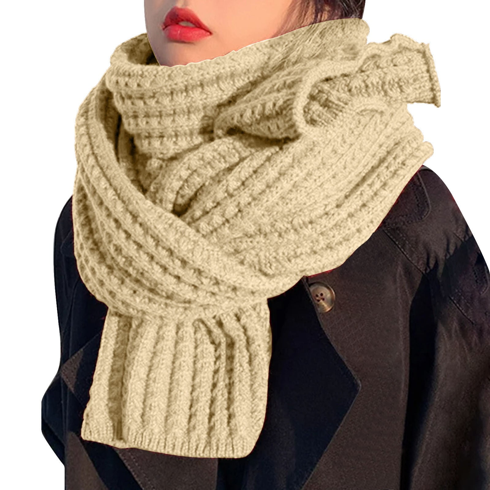 BKQCNKM Scarf for Women Knit Scarf Winter Scarf Women's Solid Color Knitted Wool Scarf Beige One ...