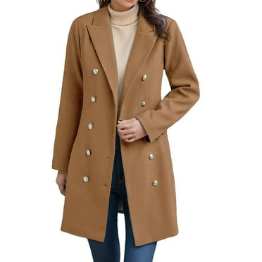 Fall Winter Pea Coat Women's Basic Essential Double Breasted Mid-Long Wool Blend Elegant ...