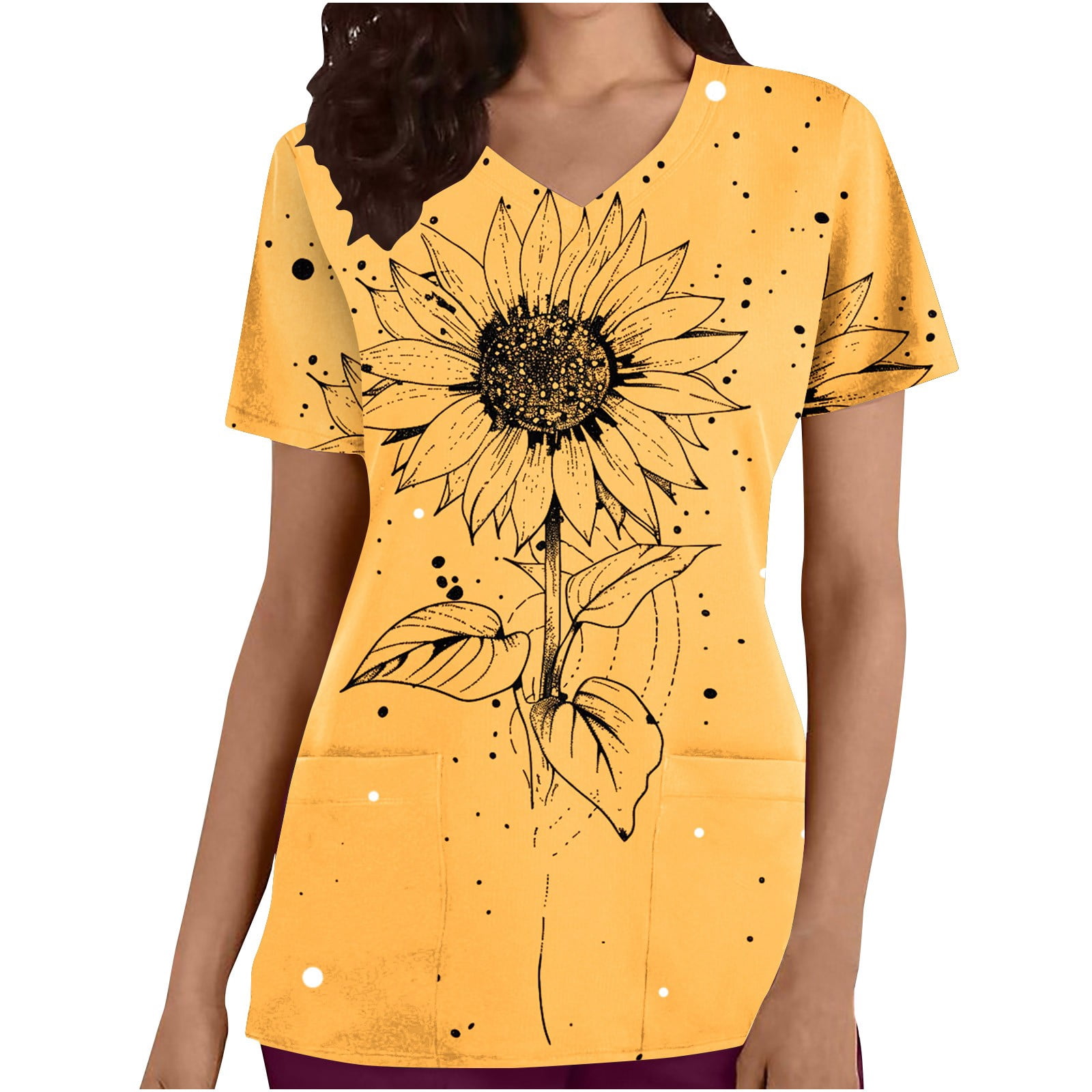 Busydd Scrubs for Women Fashion Yellow Floral Print Scrub Tops Women ...