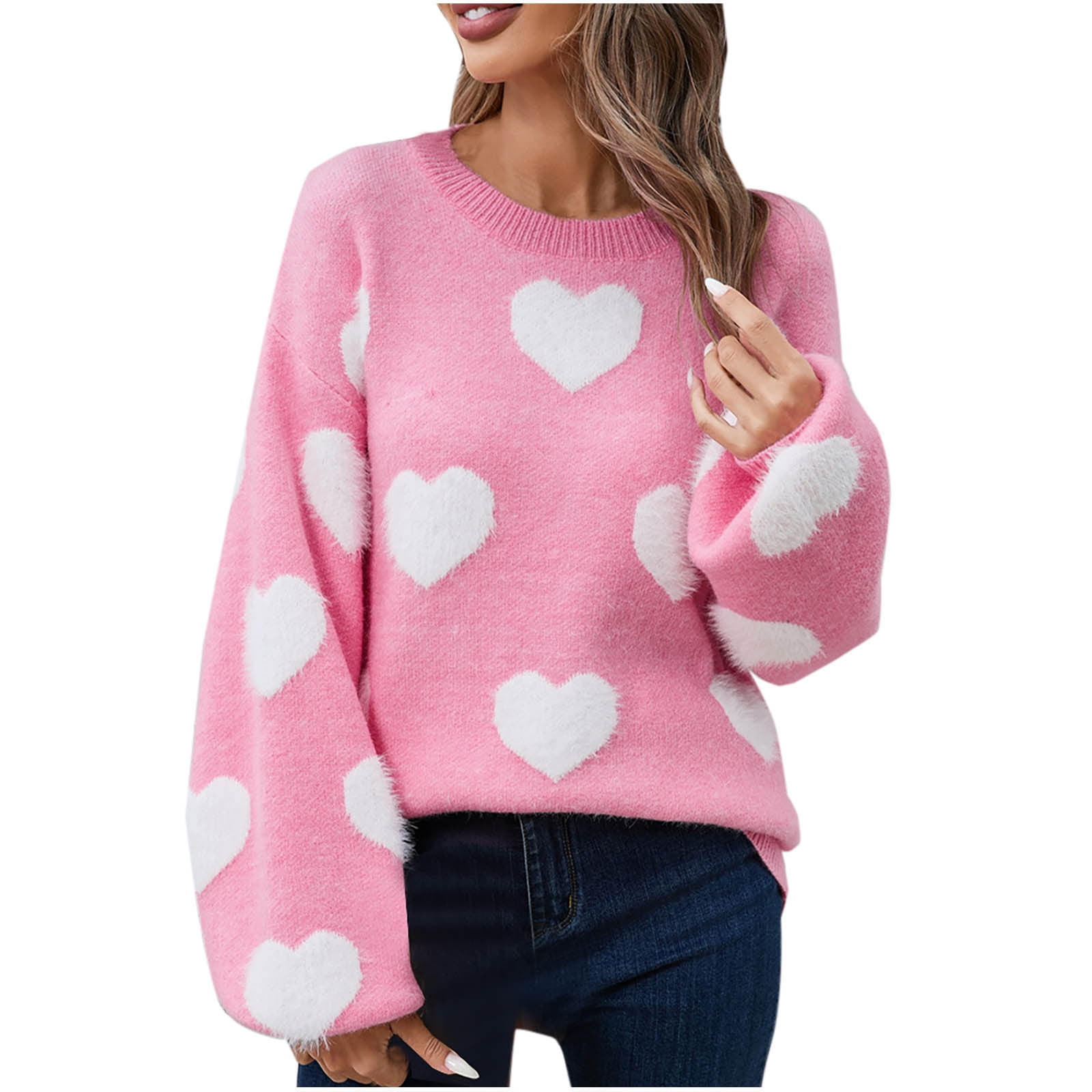 Busydd Sweaters for Women Crewneck Heart Print Sweaters Trendy Long ...
