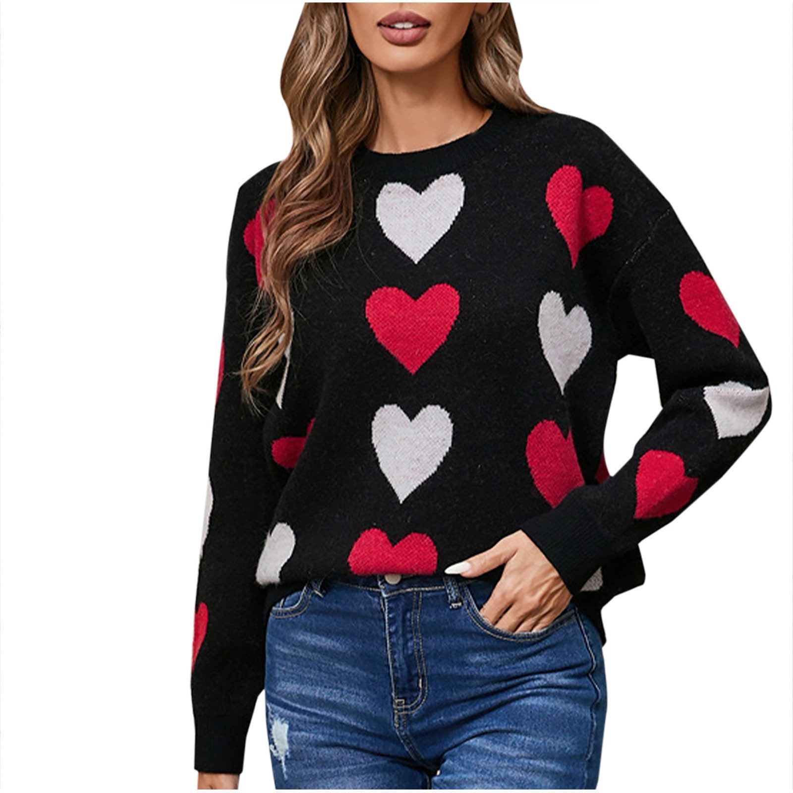 Busydd Women's Crewneck Sweaters Heart Print Fall Sweaters Trendy Long ...