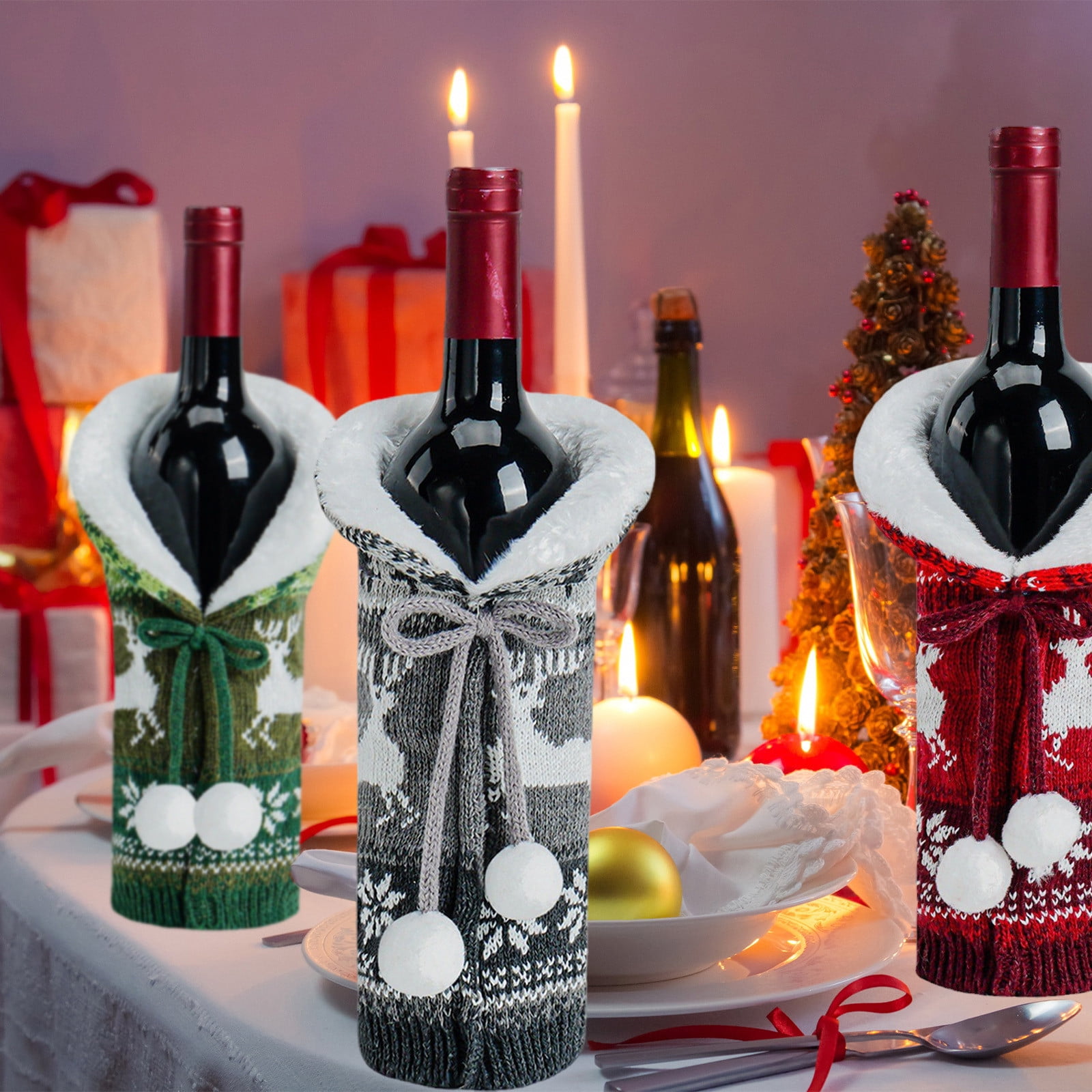 Clearance! Caoblia Christmas Wine Bottle Cover Fuzzy Wine Bottle Covers ...