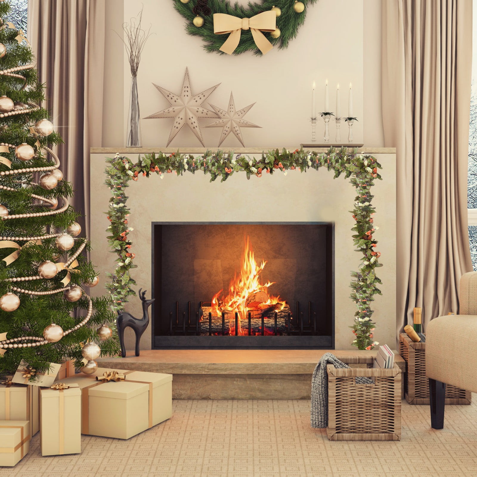 Clearance! Christmas Rattan With Flower Christmas Rattan Winter Mantel ...