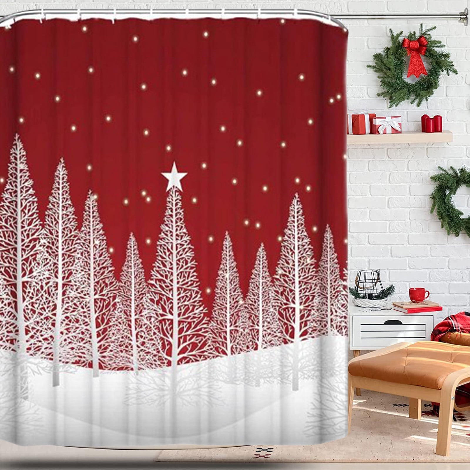 Clearance!Christmas Tree Shower Curtain, Red White Xmas Tree with Stars ...