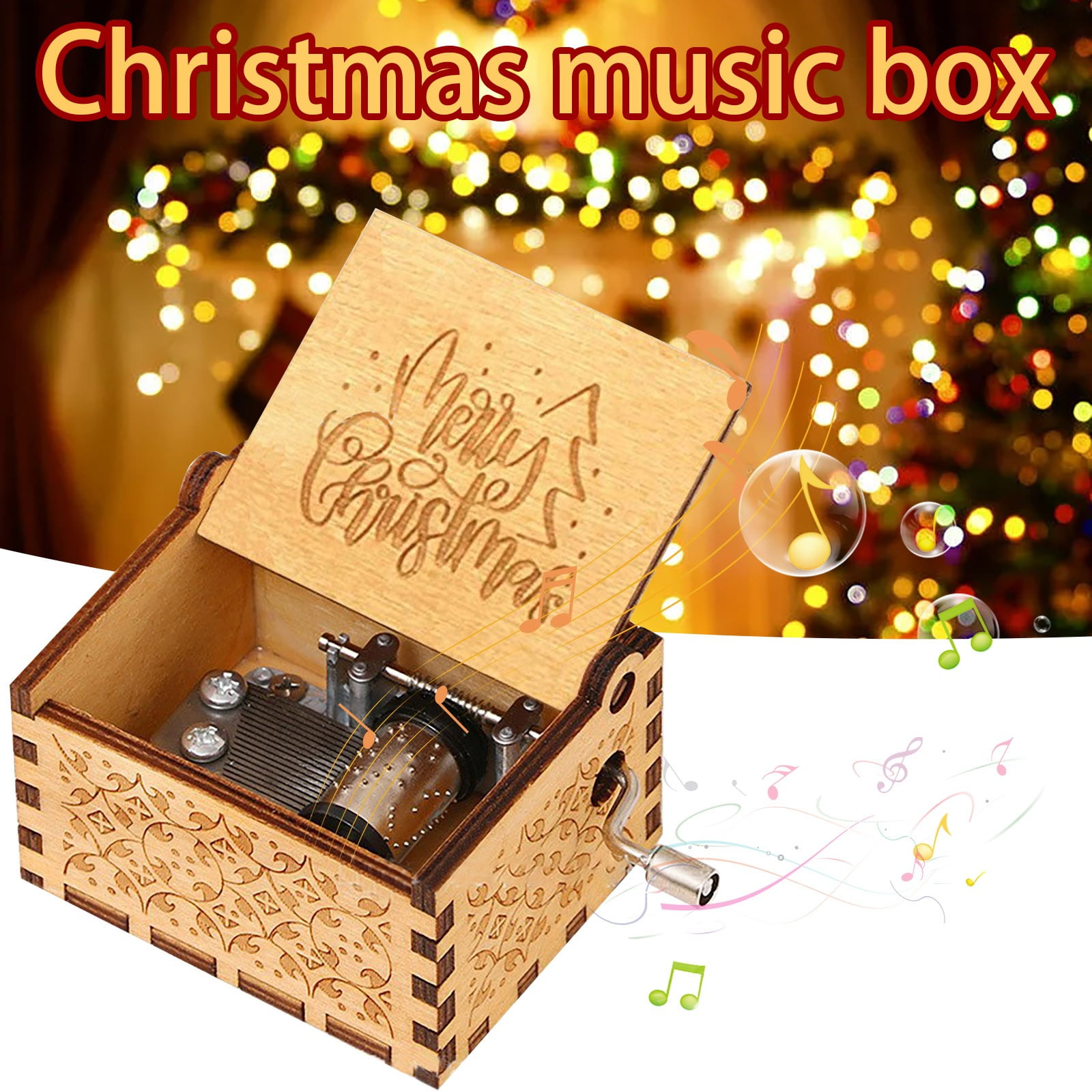 Clearance Christmas decor Wooden Hand Crank Music Box Classic Vintage ...