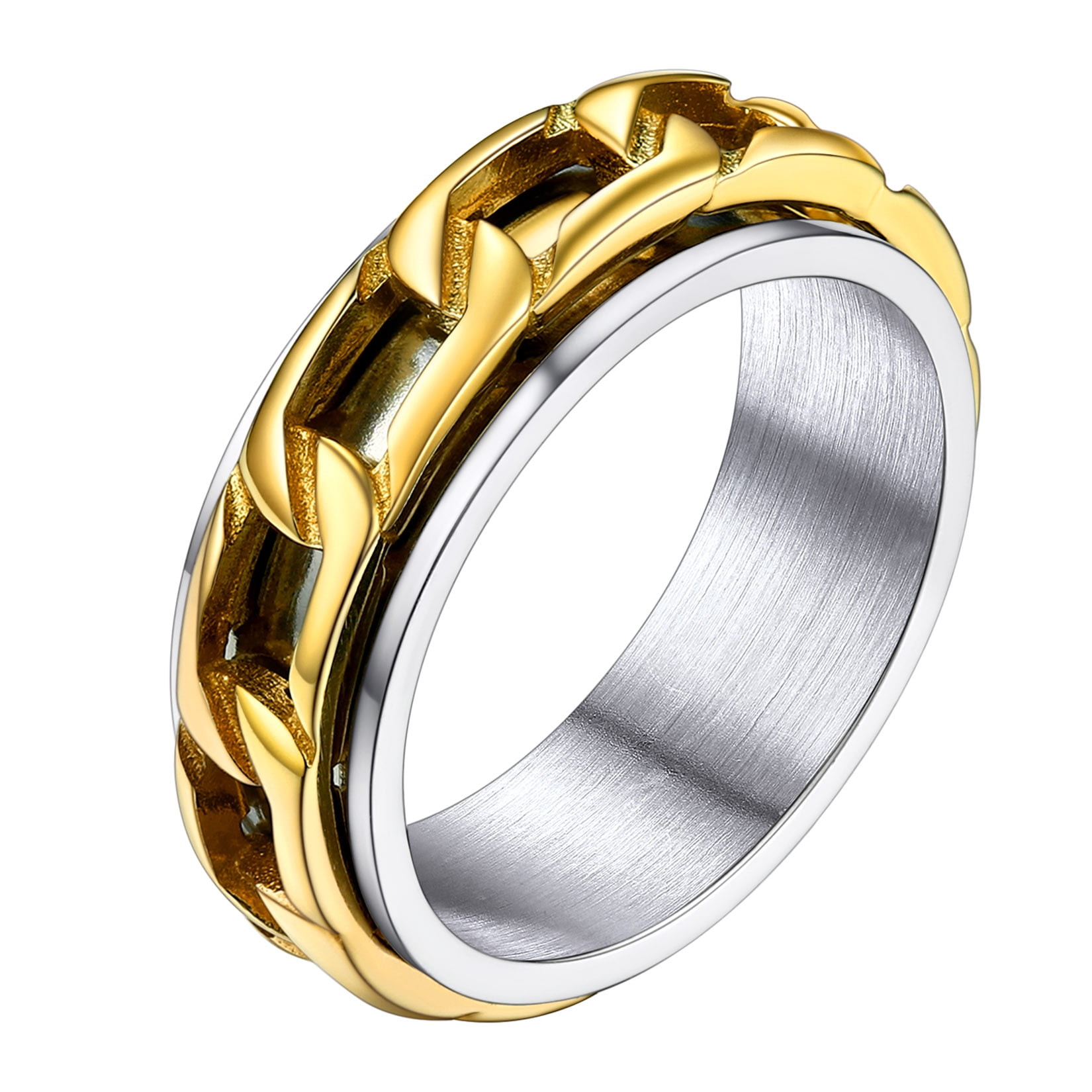 [Clearance]Cuban Link Chain Ring Rotatable Fidget Ring Two-tone Spinner ...