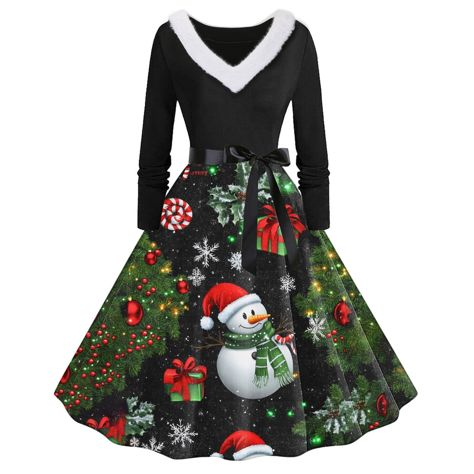 Buigttklop Women Christmas Dress Bloody Print V-Neck Long Sleeve Retro ...