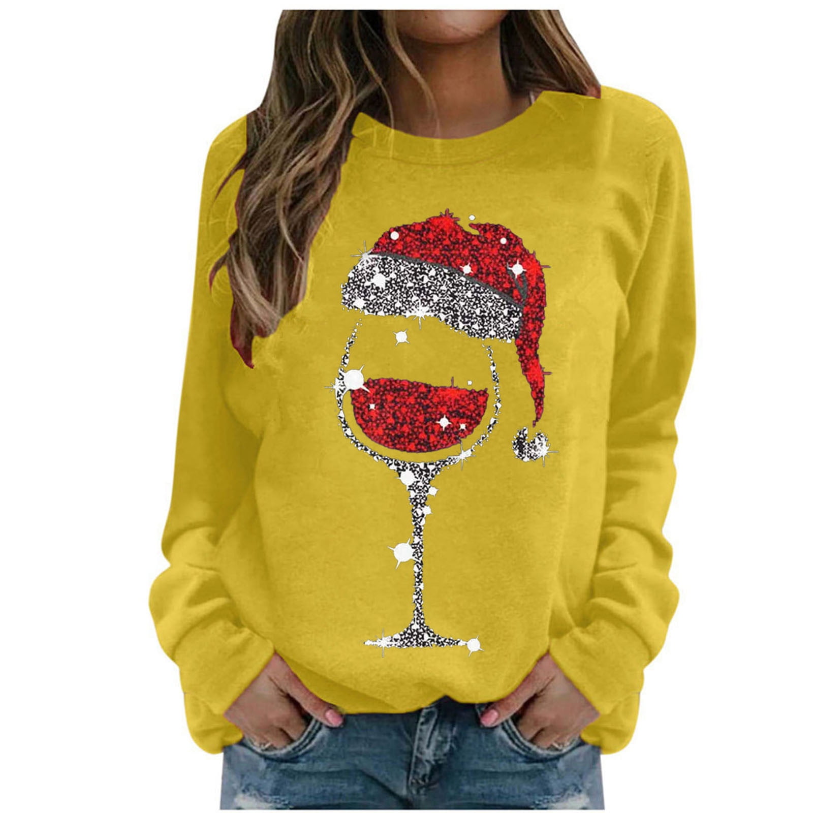 Clearance Deals Gnurob Christmas Sweatshirt for Women 2024 Funny Red Wine Glass Graphic ...