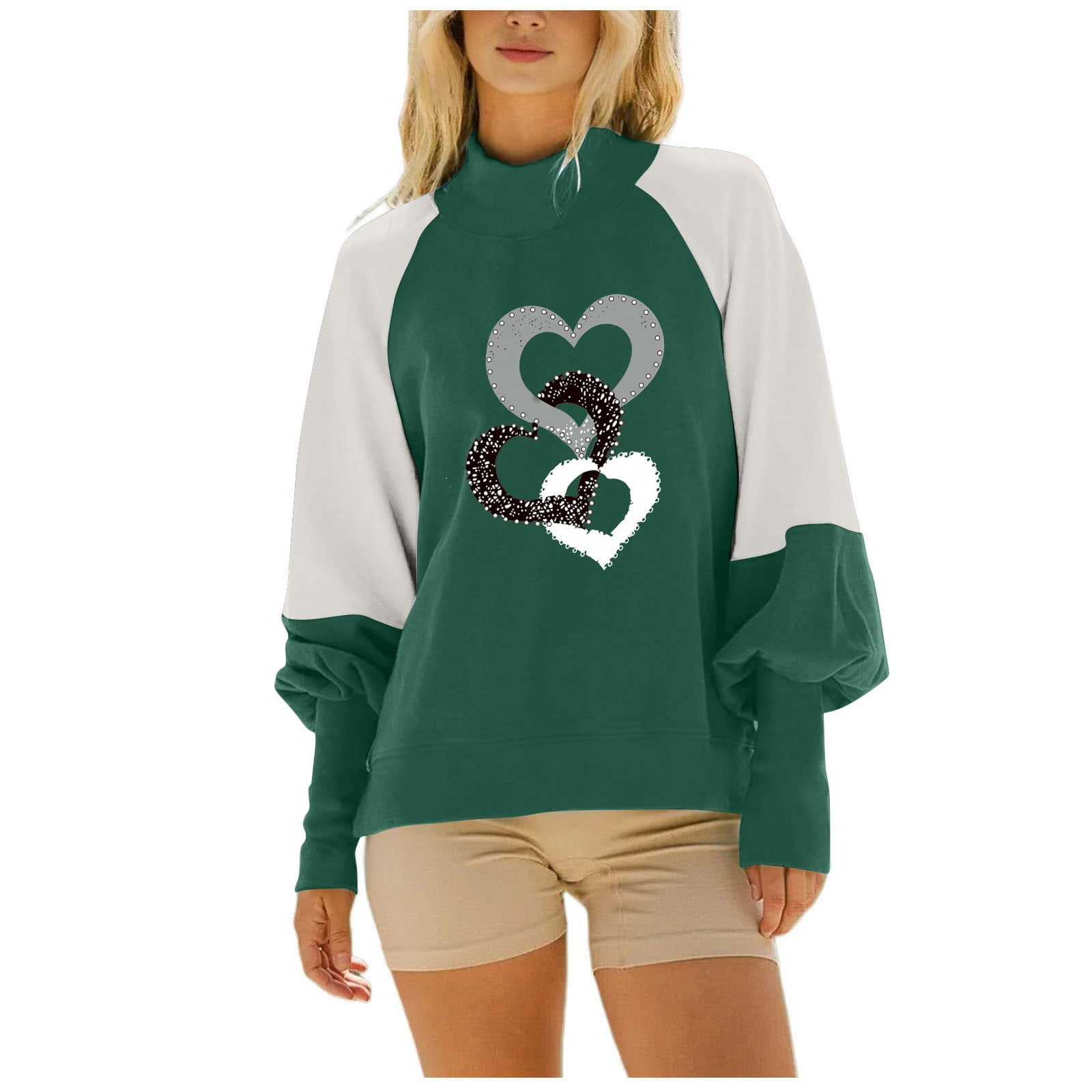 Clearance Deals Gnurob Sweatshirts for Women Half High Neck Pullover Tops Raglan Long Puff ...