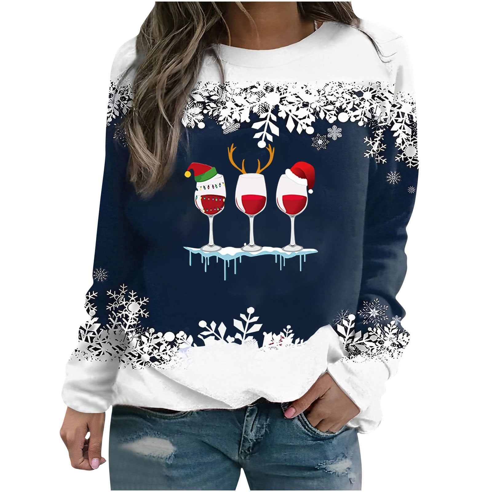 Clearance Deals Gnurob Women Christmas Sweatshirt Red Wine Glass Pullover Tops Crewneck Sweater ...