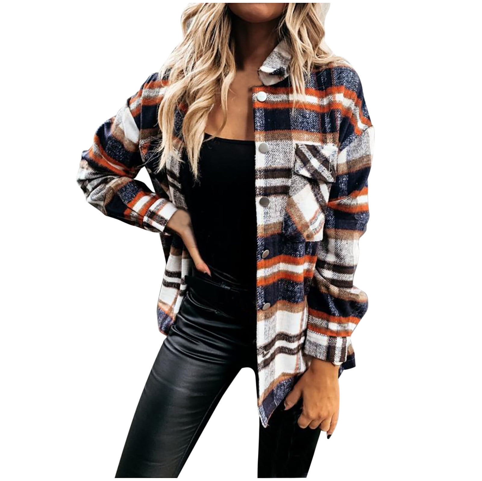 Clearance Deals Gnurob Women Plaid Shacket Jacket Open Front Button ...