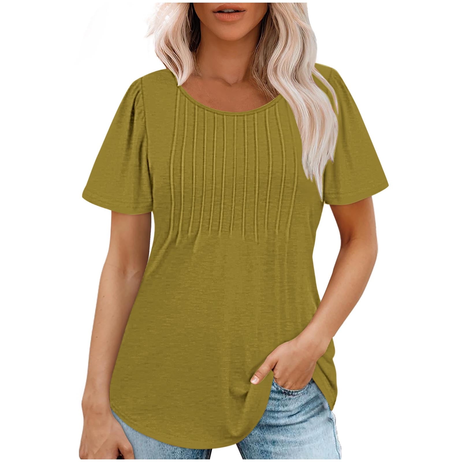 Clearance Deals Women's 2025 Fashion Tops Solid Basic Tee Summer Dressy Casual Pleated Front T ...