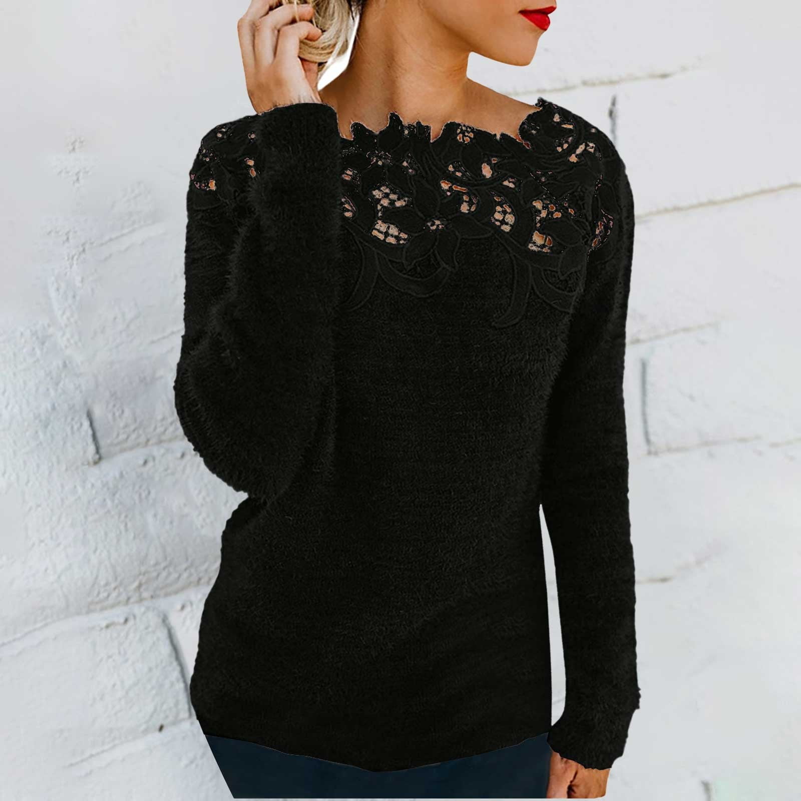 Clearance! Delayuji Womens Pullover Sweaters Floral Lace Patchwork Knit ...