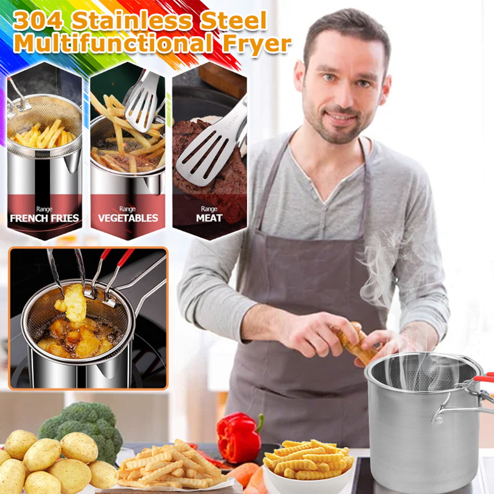 Totil Drain Rack Chicken Wire Mesh Deep Fryer Pot Basket With tong ...