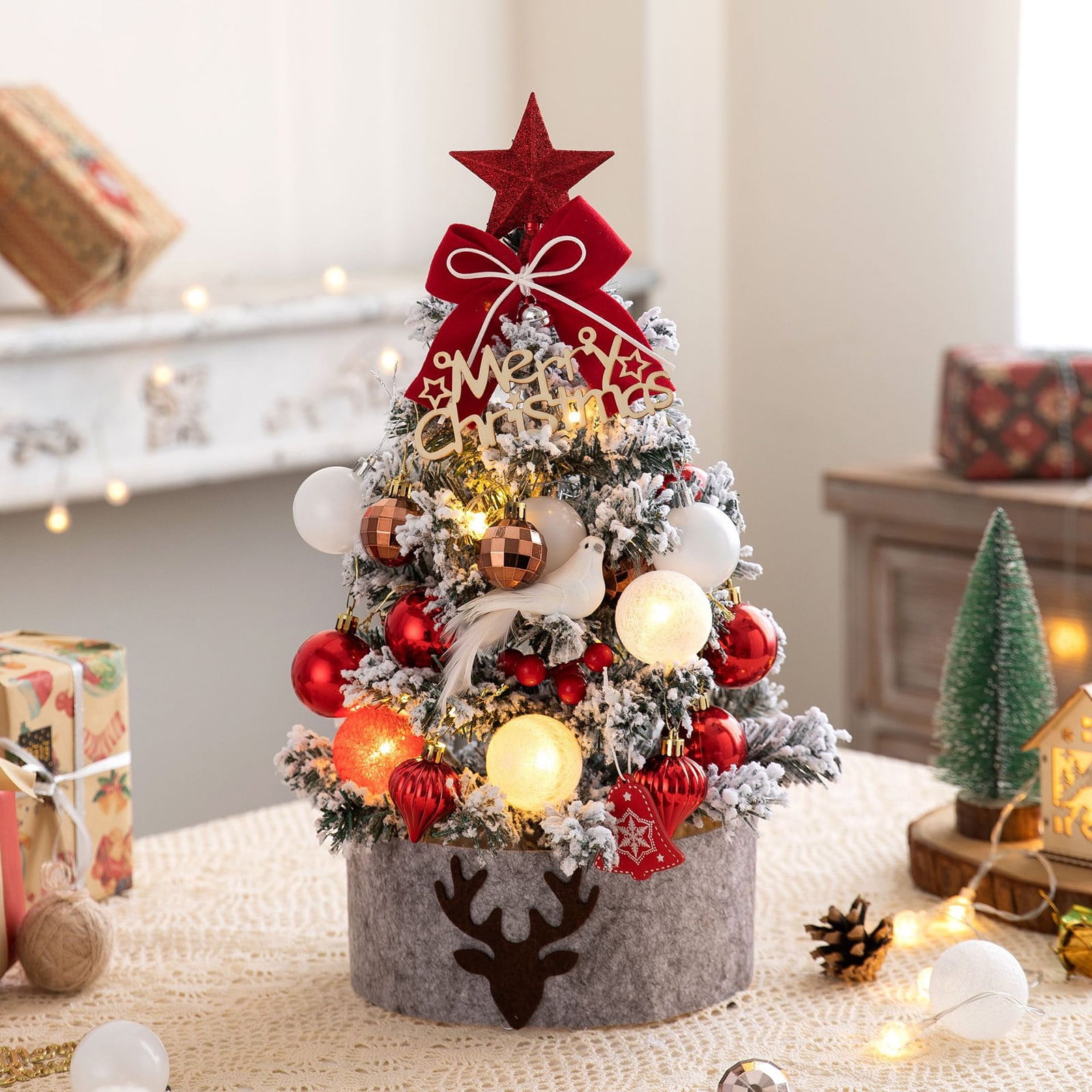 EQWLJWE 24in Pre-lit Mini Christmas Tree with 20 Decorations, Battery ...
