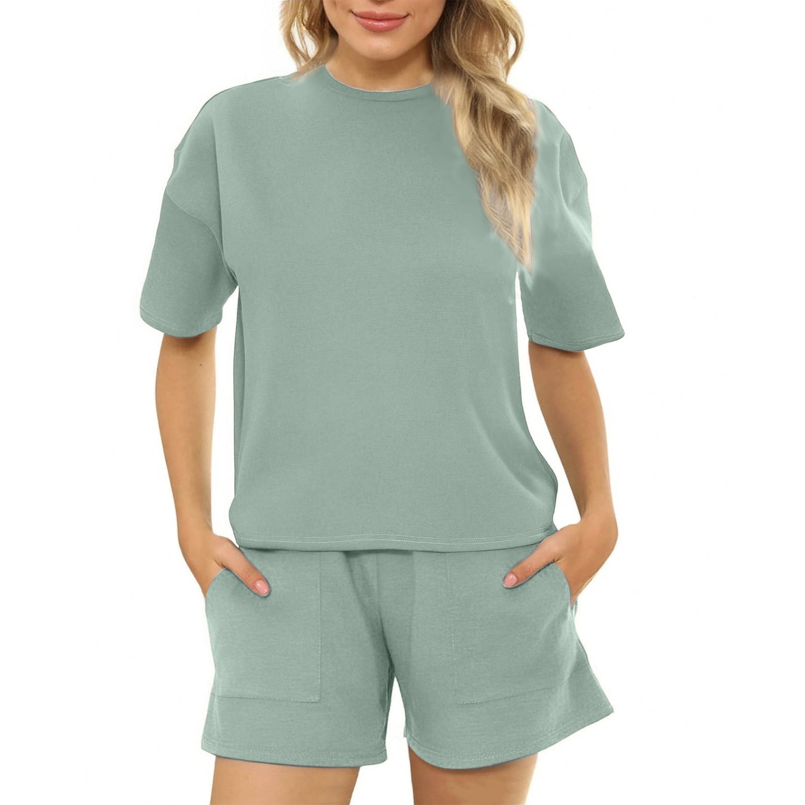 FAHXNVB Womens 2 Piece Sets Summer Lounge Set Casual Short Sleeve Round ...