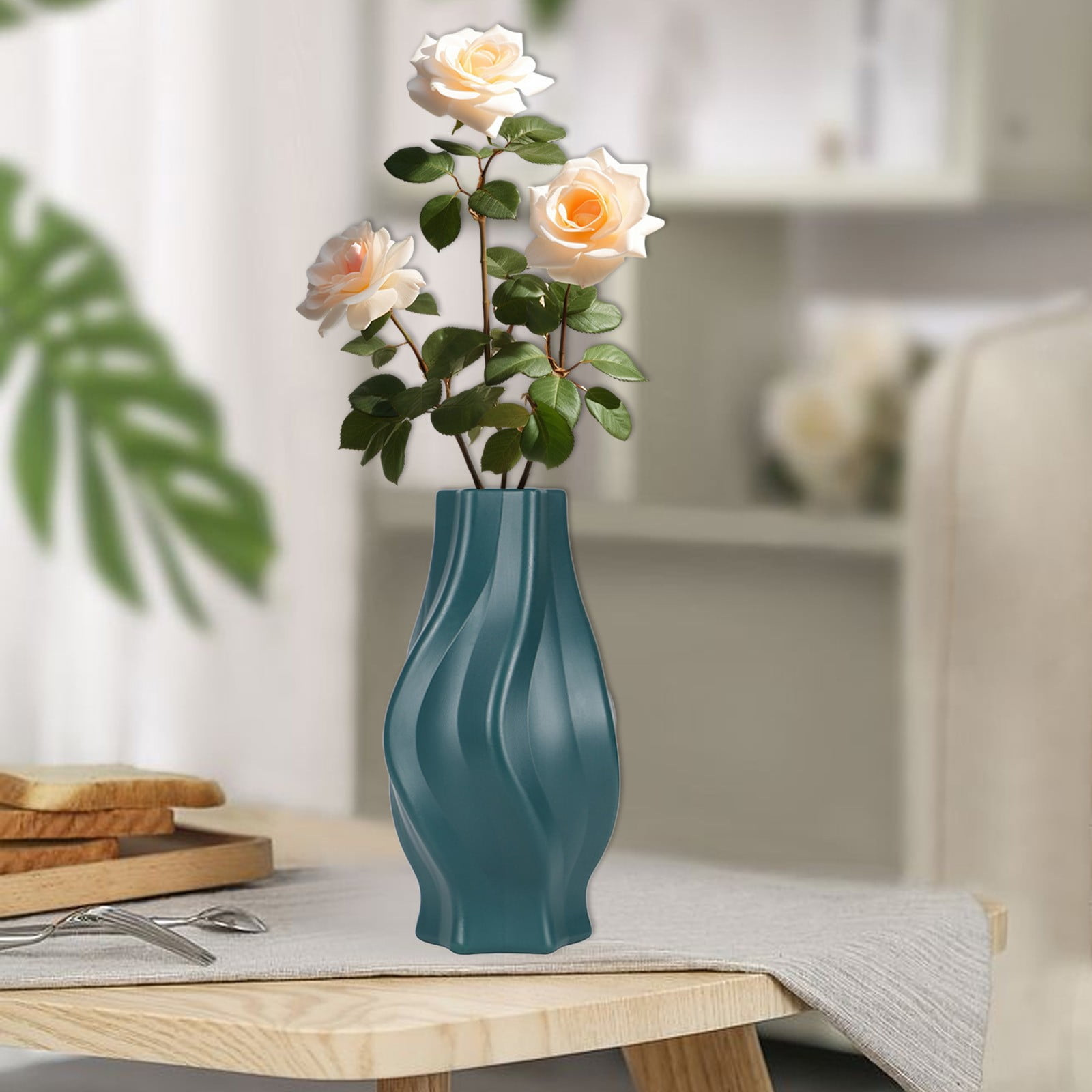 Gmogad 9.4" Blue Plastic Vase Faux Ceramic Flower Arrangement Decor for ...