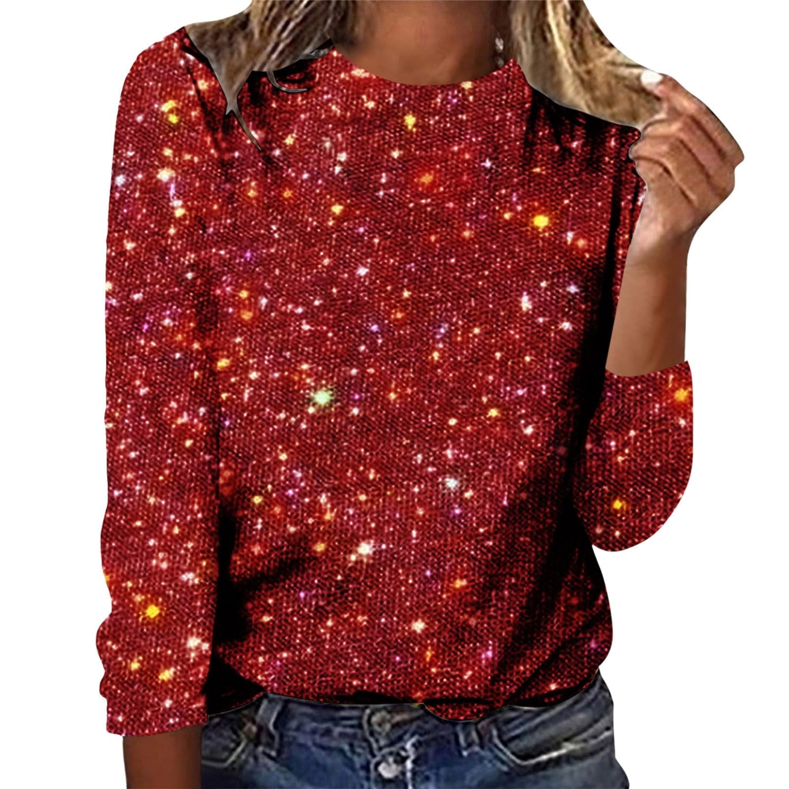 Clearance! HCURIBAD Sequin Tops for Women, Long Sleeve Sparkly Shirts ...