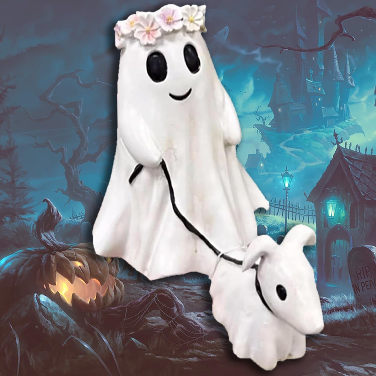 Clearance Halloween Ghost Walking Dog Statue, Ghost Walking His Ghost ...