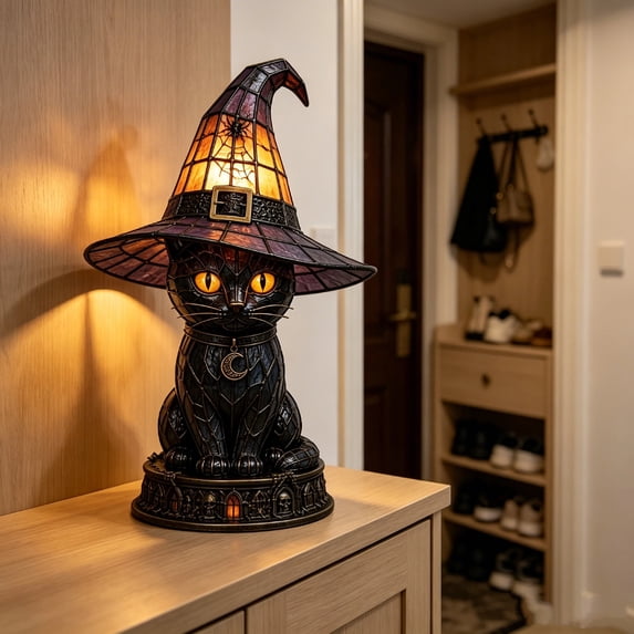 Clearance Halloween Witch Hat Cat Lamp, Halloween Gothic Cat Night ...