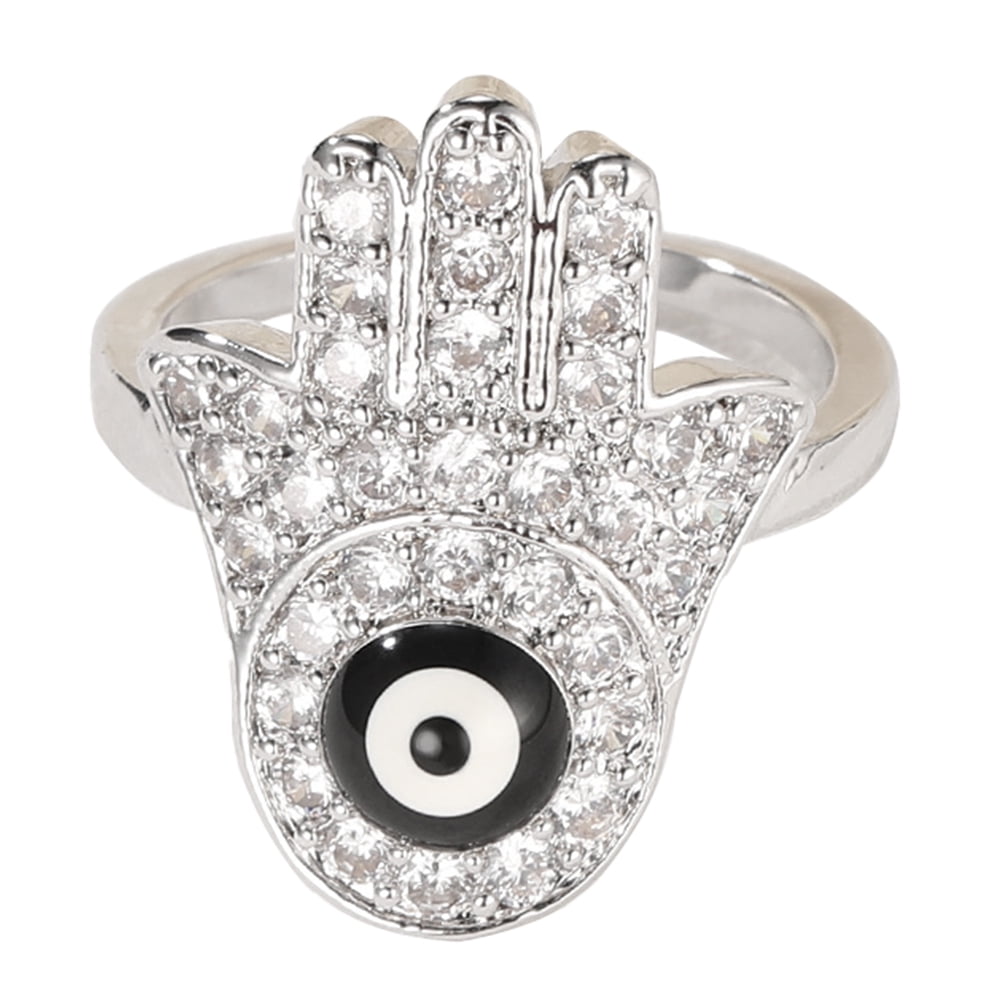 [Clearance] Hand Of Hamsa Evil Eye Ring for Women Fashion Statement Cubic Zirconia Silver Color ...