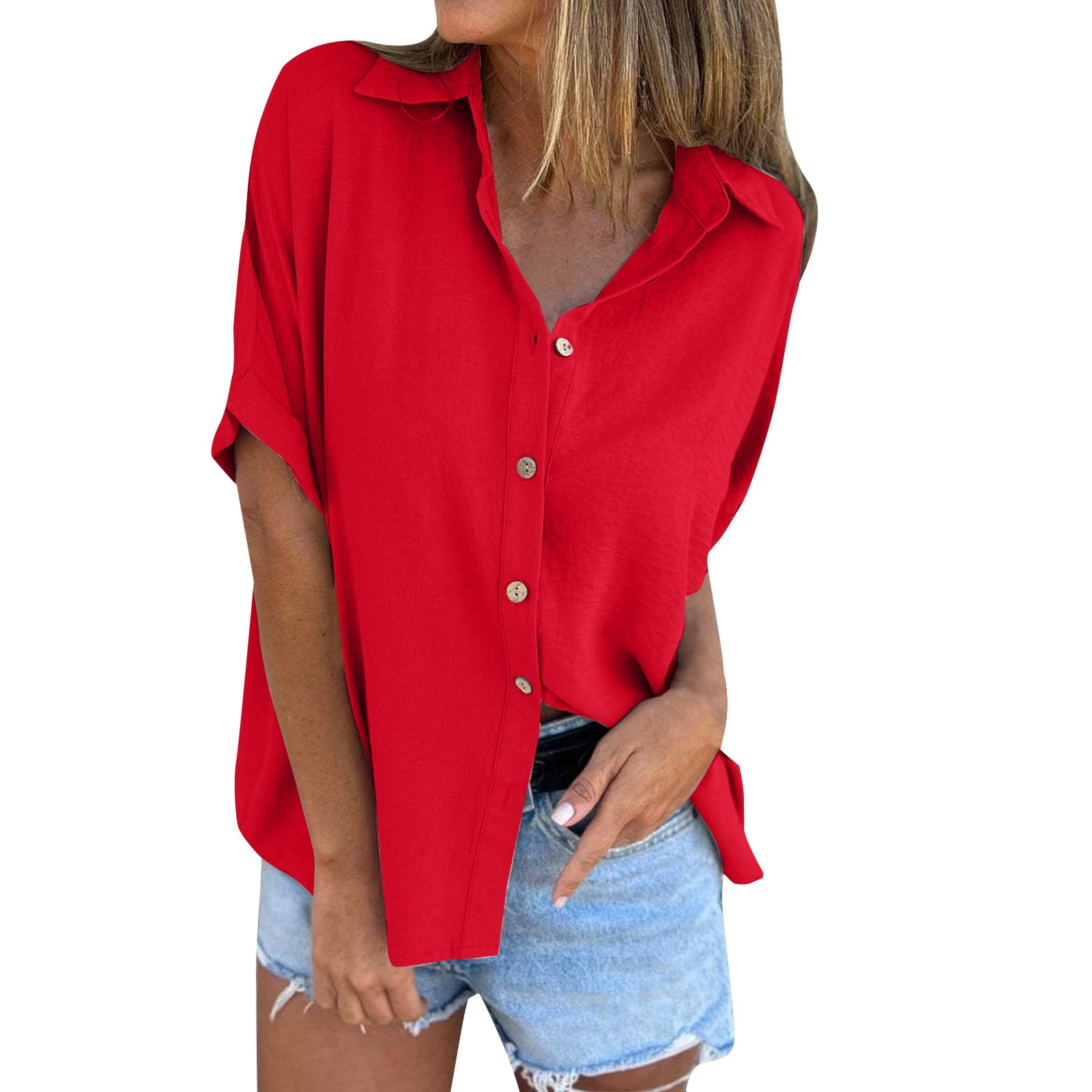 Clearance! Hassda Women's Spring/Summer Solid Color Button Down Five ...