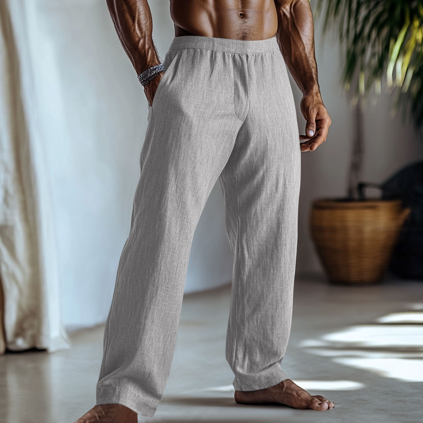 Horkkom Beach Pants for Men High Waist Solid Color Linen Pants Summer ...