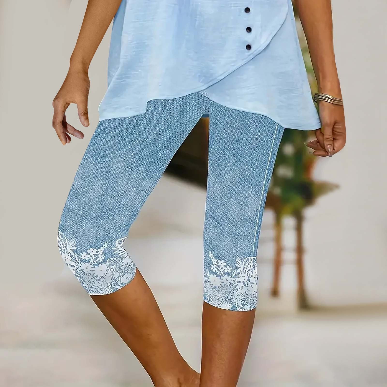 Clearance Horkkom Capris Pants for Women Casual Floral Print Yoga Pants Stretchy Soft Leggings ...