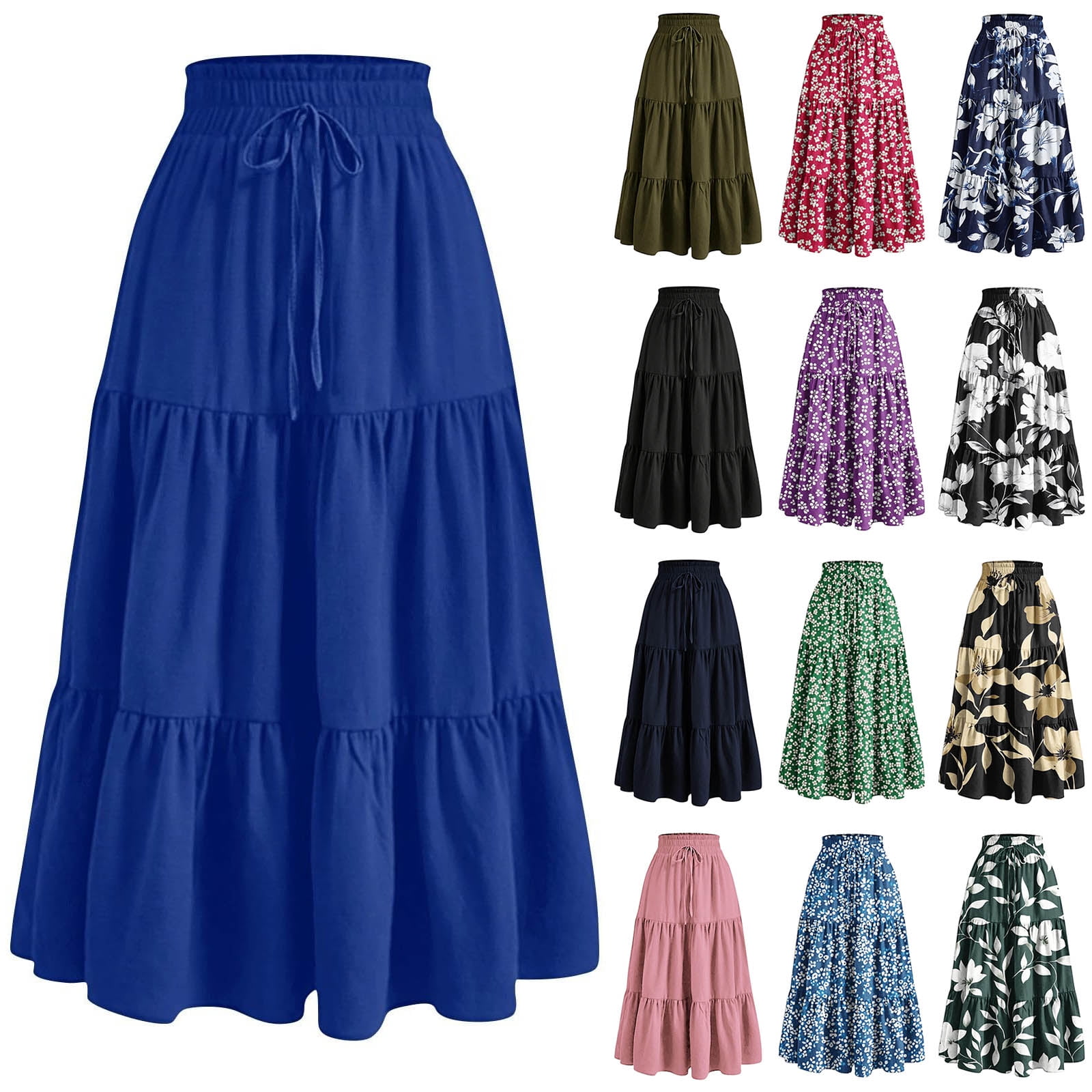 Horkkom Maxi Skirts for Women Summer Tiered Solid Color A Line Skirt ...