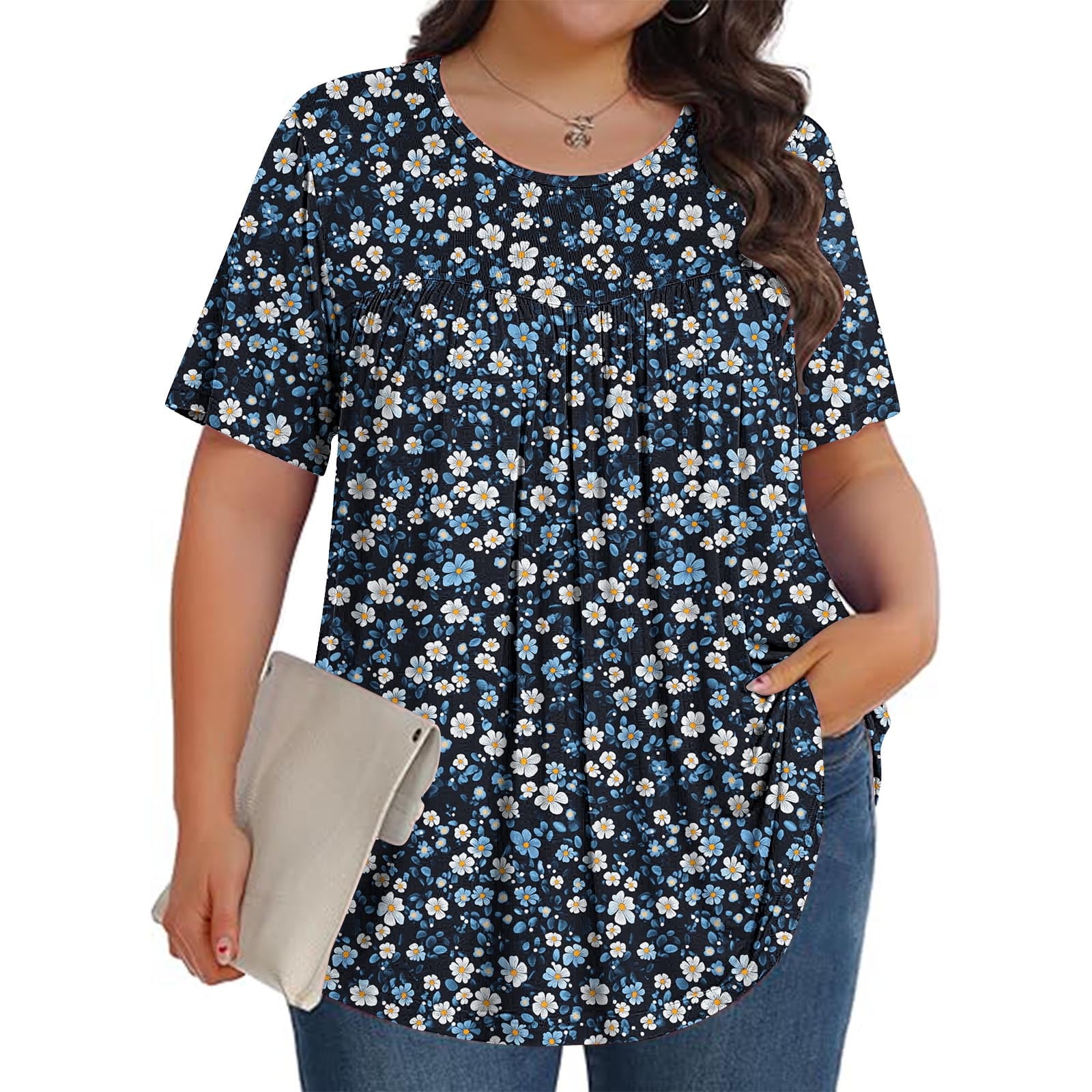 Clearance Horkkom Plus Size Blouses for Women Floral Print Crew Neck ...