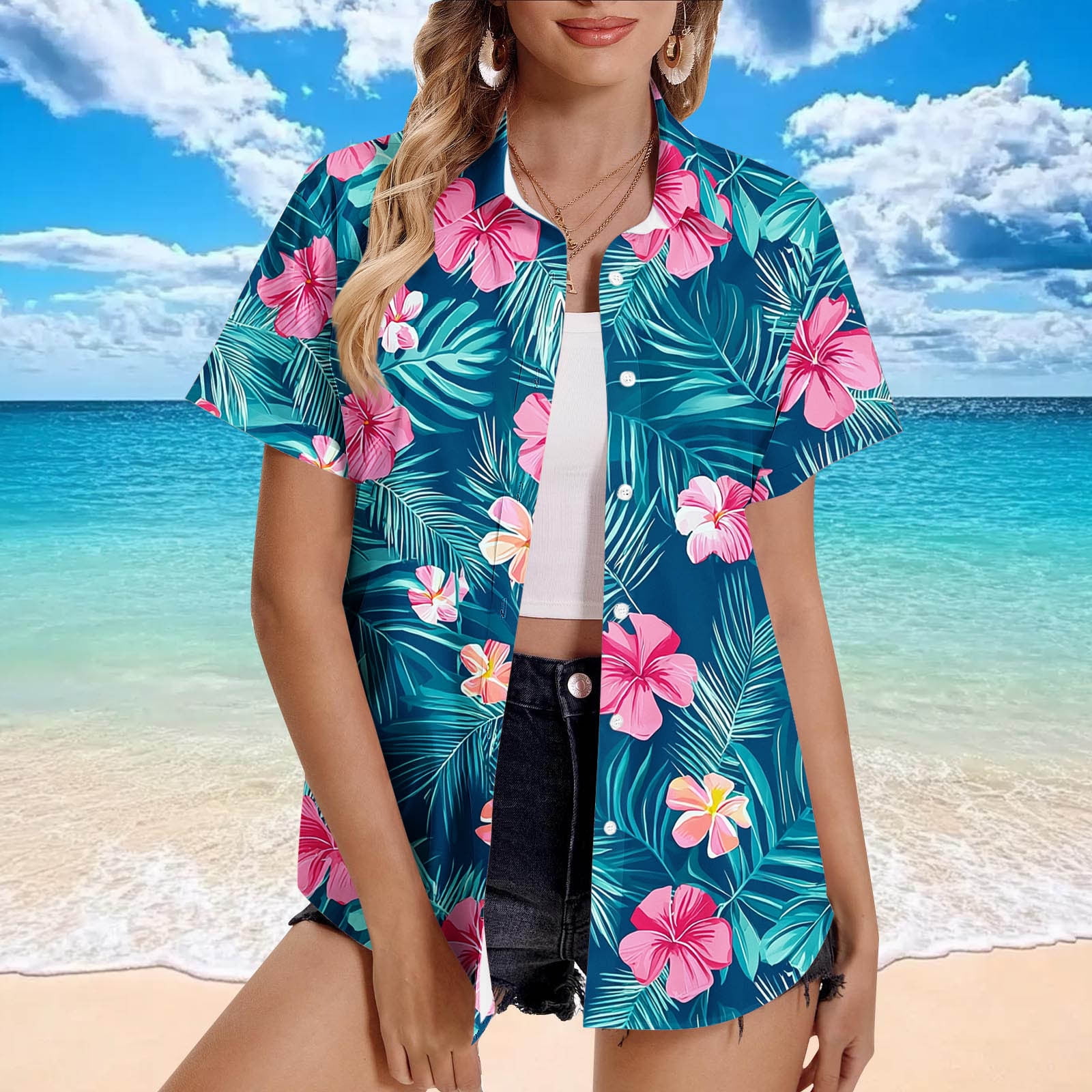 Horkkom Short Sleeve Button Up Women Summer Plus Size Hawaiian Shirts ...