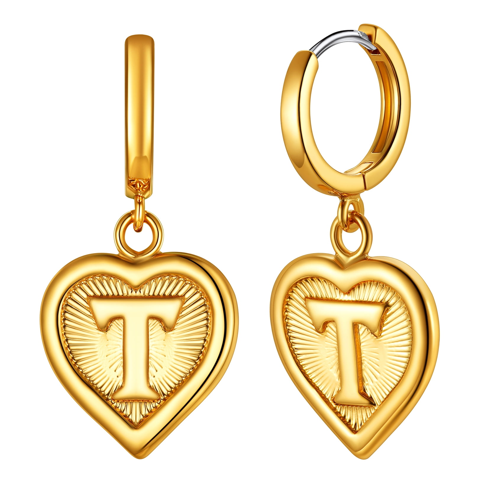[Clearance] Initial T Hoop Earrings Heart Drop Dangle Alphabet 18K Gold ...