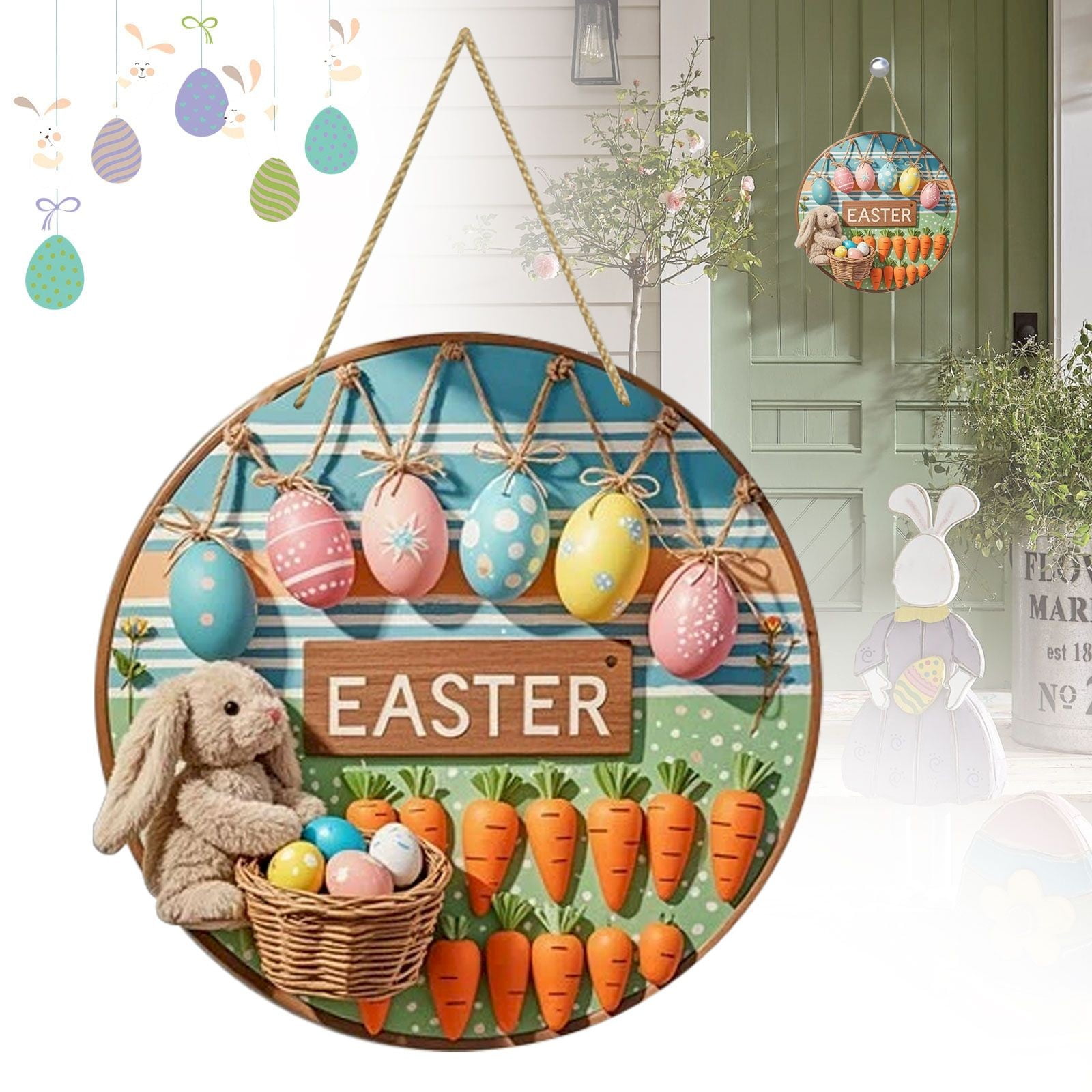 Clearance Items! Lssam Rustic Wooden Easter Door Sign with Bunny & Eggs ...