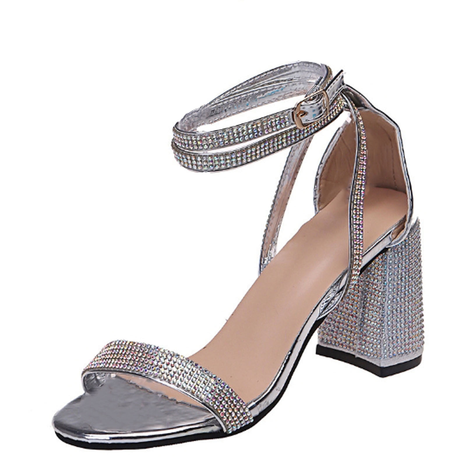 Clearance JeashCHAT Women's Formal Rhinestone High Heel Sandal Open Toe Ankle Strap Chunky Block ...