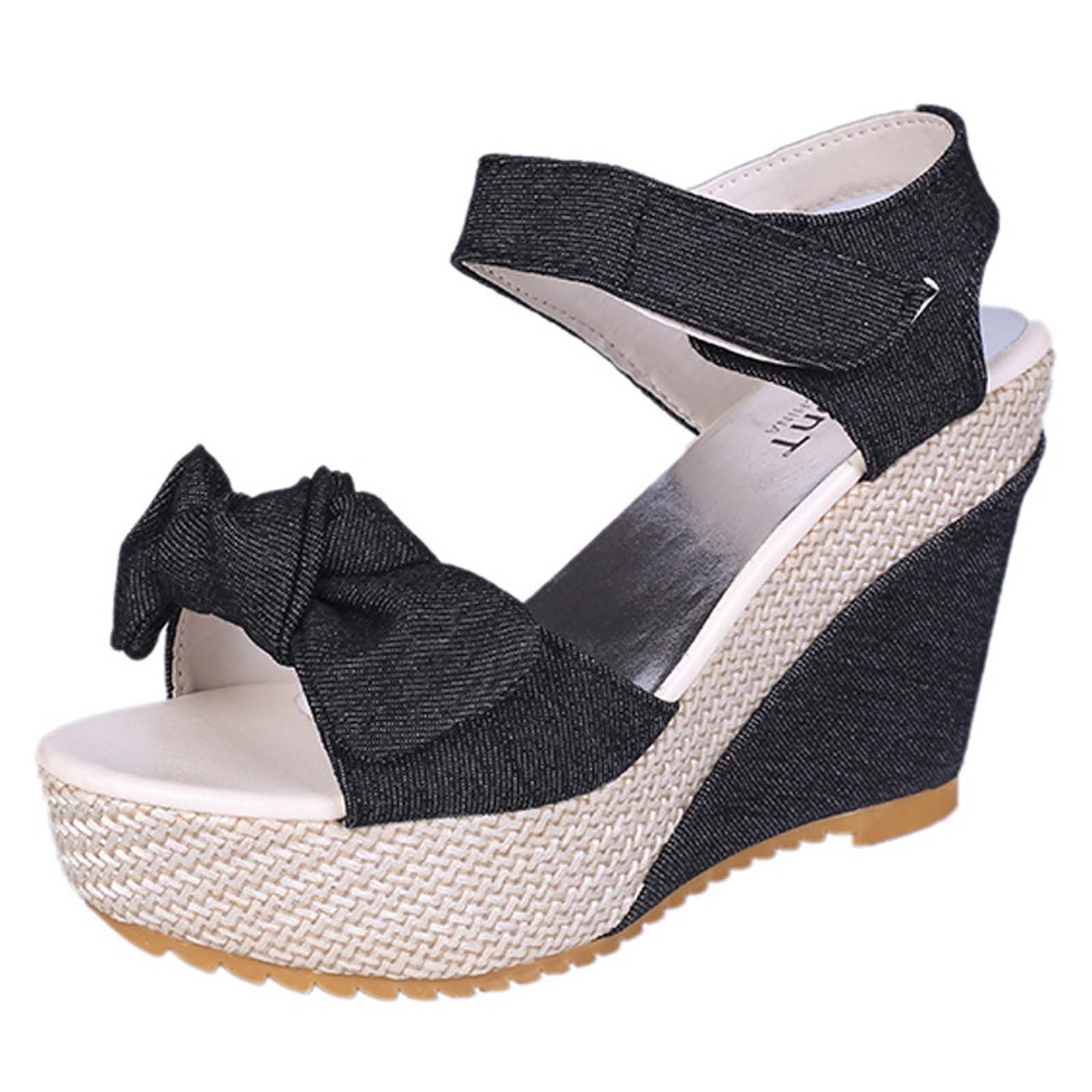 JeashCHAT Women's Platform Wedge Sandals Cute Bow Tie Open Toe Ankle ...