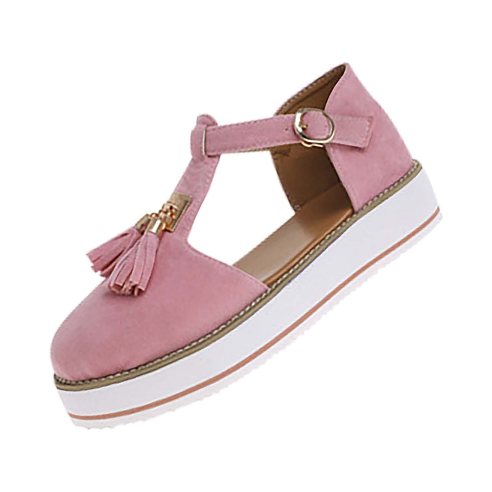 JeashCHAT Women's Solid Color Platform Sandals Tassel Closed Toe T ...