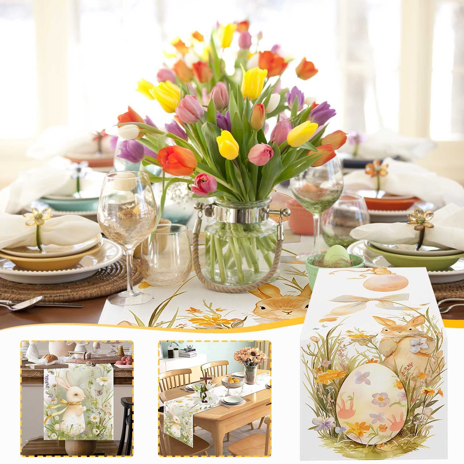 Clearance Kbndieu Easter Table Runner, Bunny Eggs Farmhous Easter ...