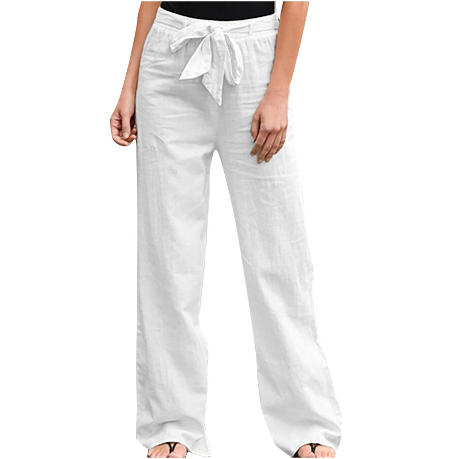 LYXSSBYX Women's Plus Size Flowy Wide Leg Loose Linen Pants with Sashes ...