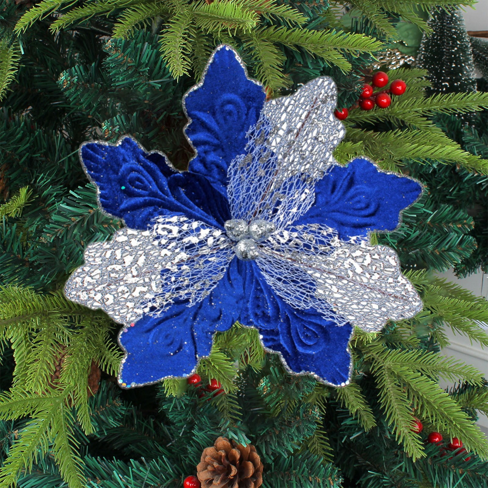 Clearance!Large Christmas Flowers, Glitter Christmas Flowers 12in Blue ...