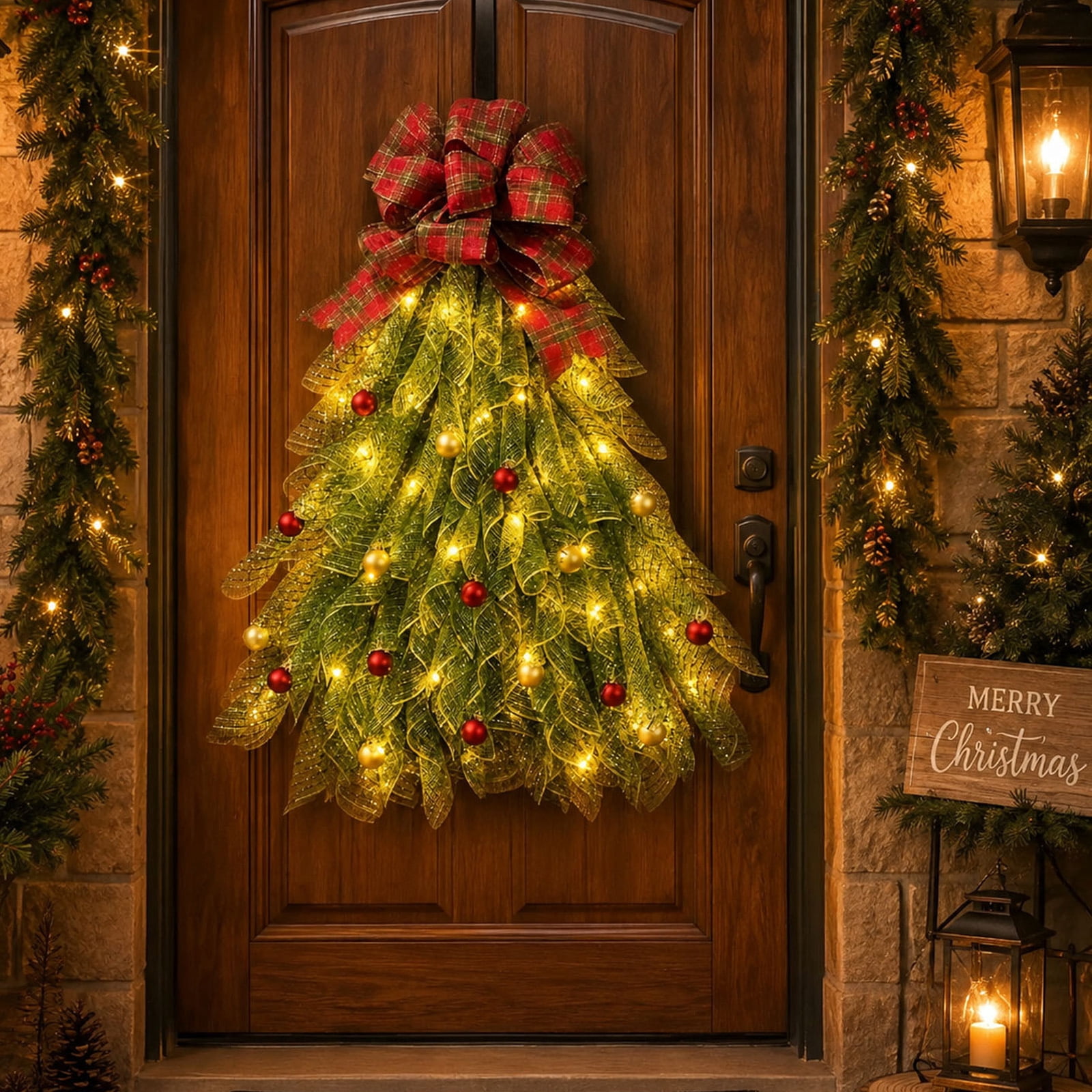Clearance! Lighted Christmas Tree Shaped Door Wreath, Handmade LED ...