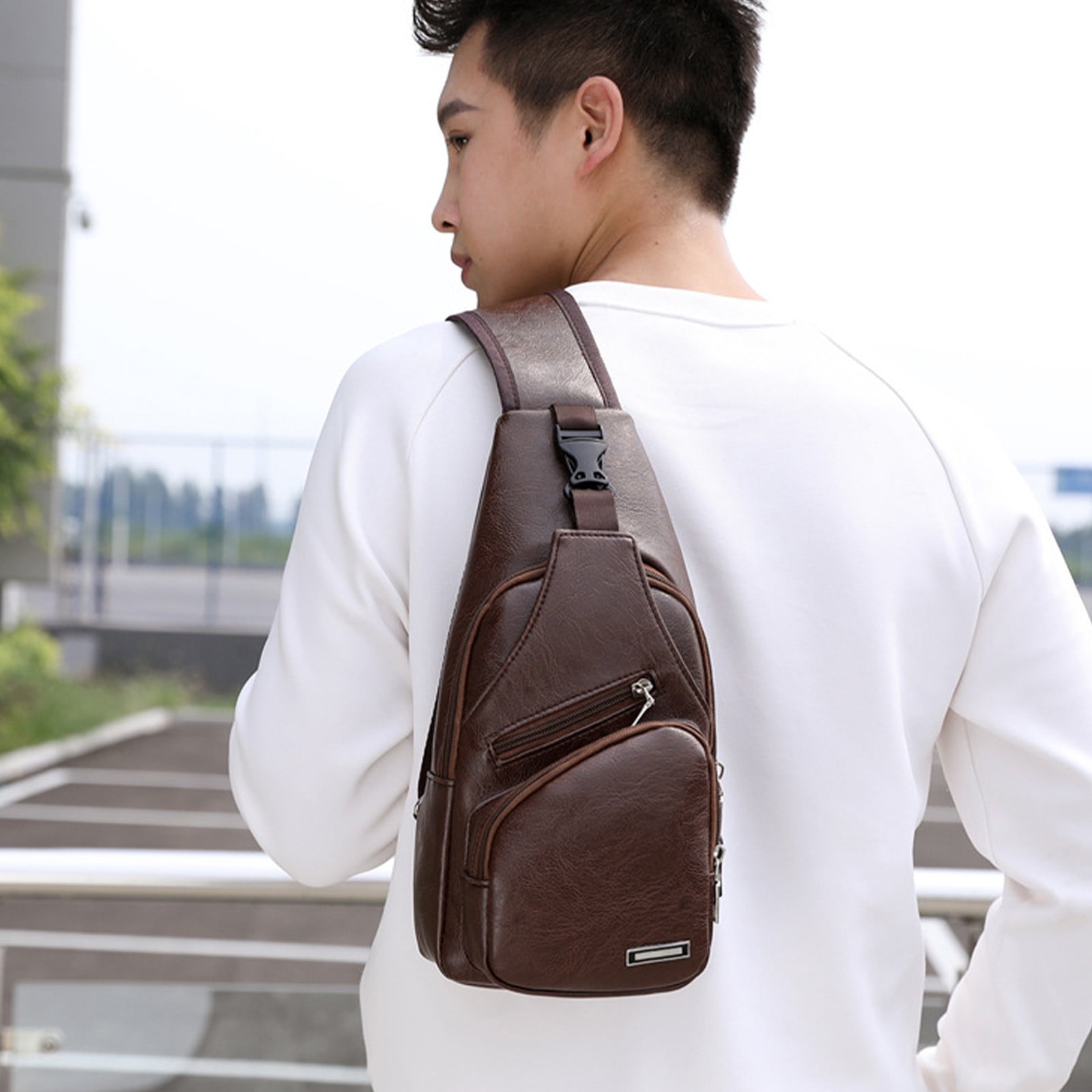 Clearance!Mens Sling Bag, Leather Sling Bag with USB Charging Port ...
