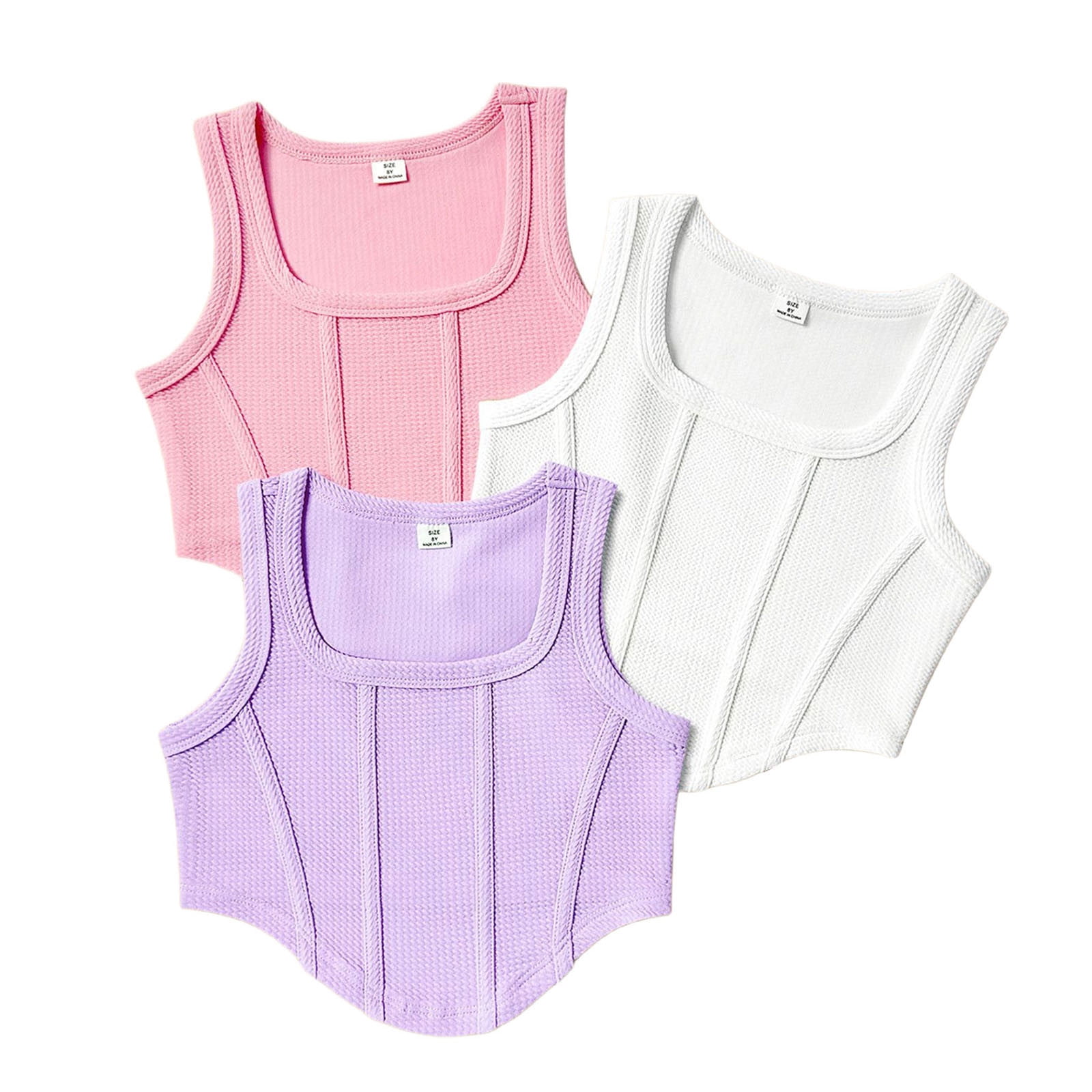 OGLCCG 3PC Girls Crop Tank Tops Textured Square Neck Sleeveless ...