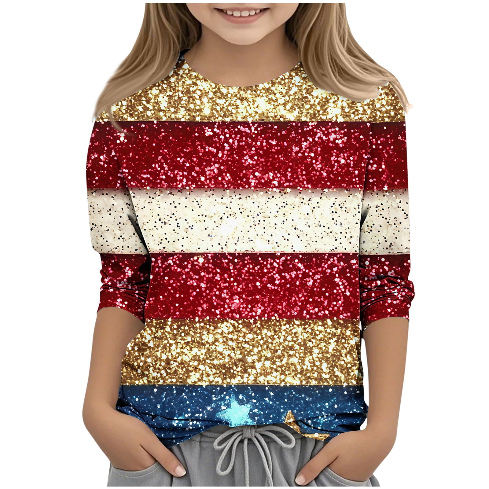 OGLCCG Girls 4th of July 3/4 Sleeve T-Shirt Star Stripes Graphic ...