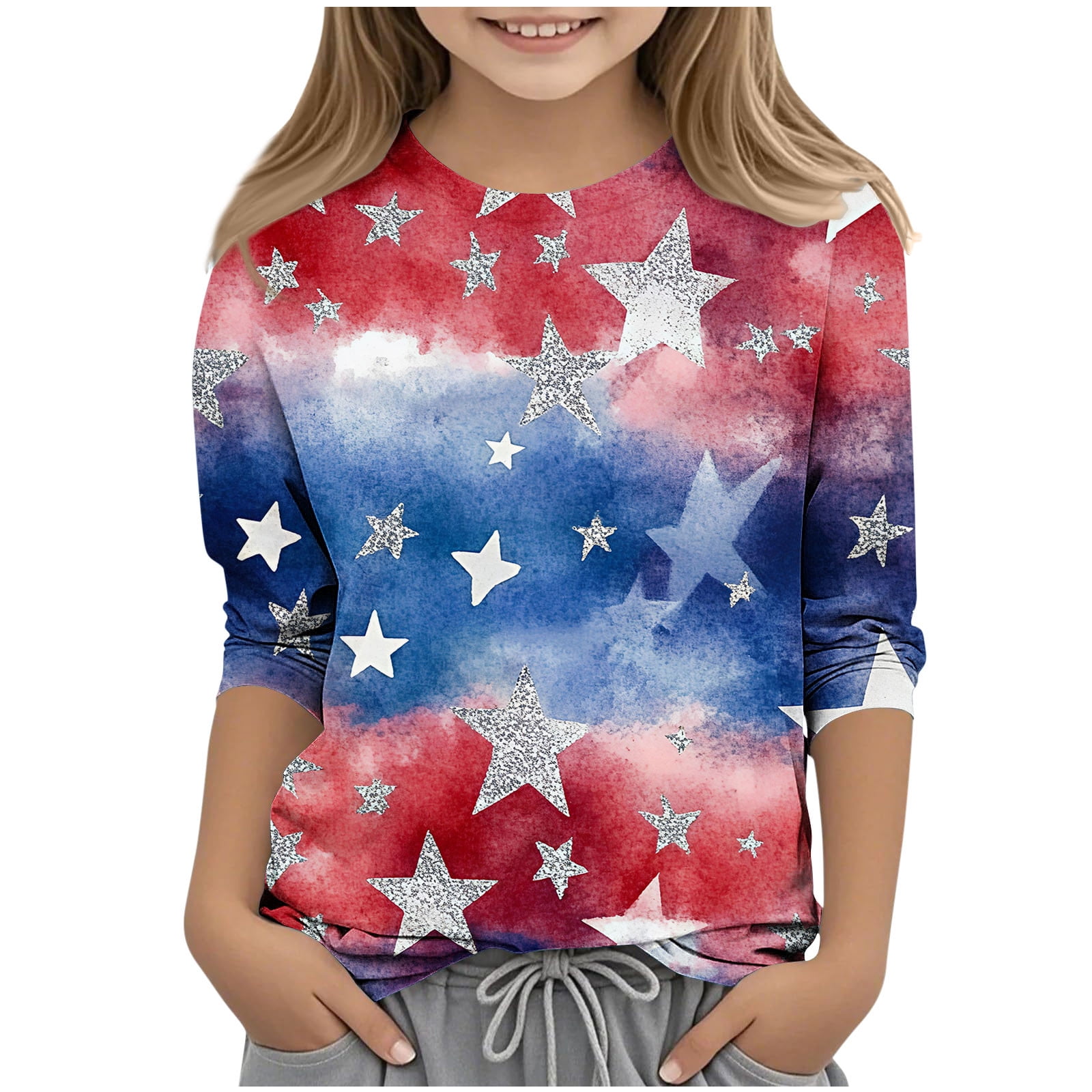 OGLCCG Girls 4th of July 3/4 Sleeve T-Shirt Star Stripes Graphic ...