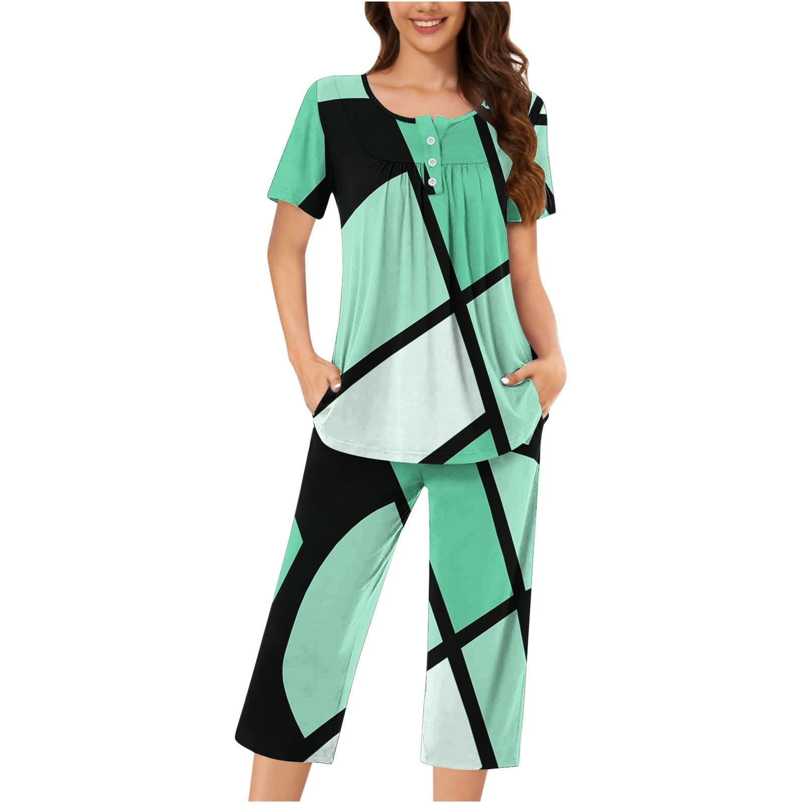 Clearance! Ogiraw 2 Piece Sets for Women Summer Cropped Pants Striped ...