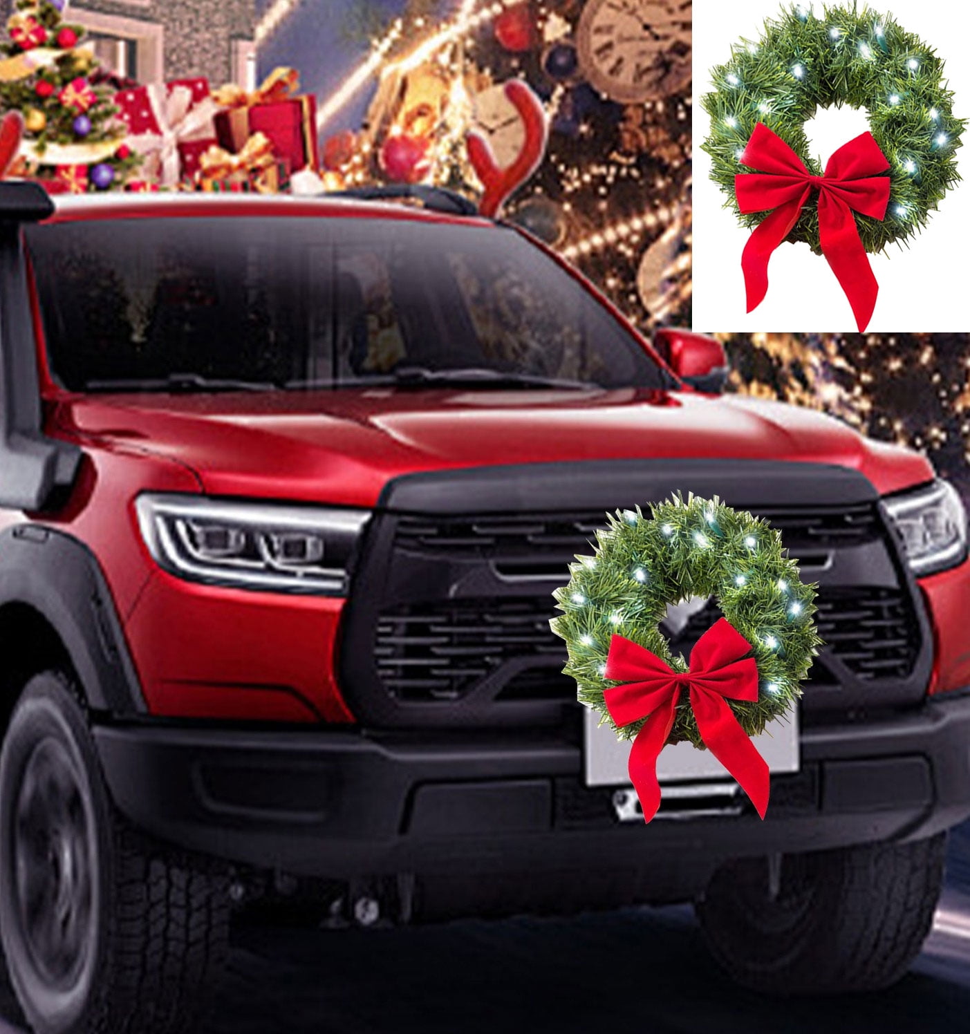 PEONAVET Christmas Car Wreath Christmas Car Decorations With Led Lights ...