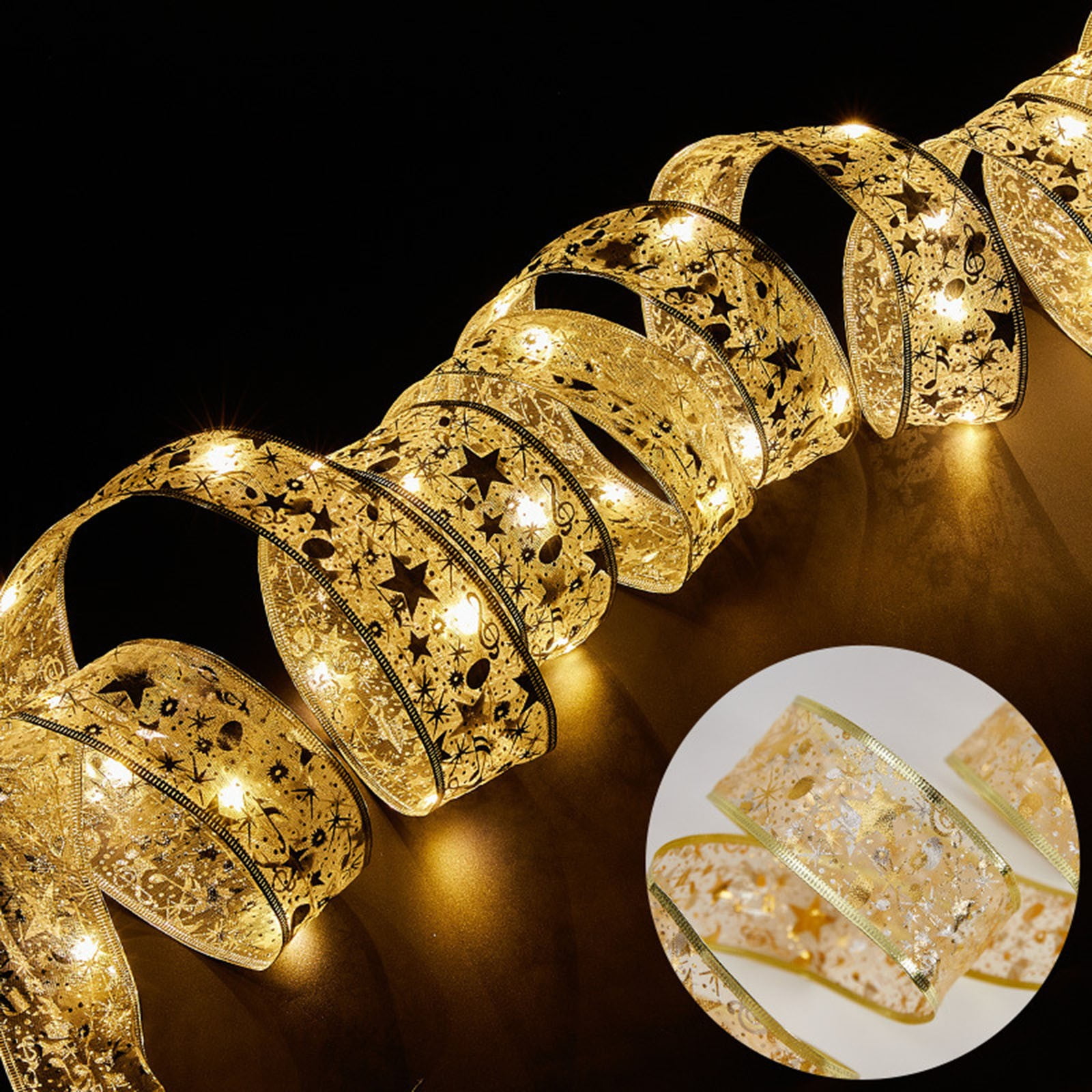 PHIGZNT Christmas Ribbon Lights Gold 16ft LED Lights Double Layer ...