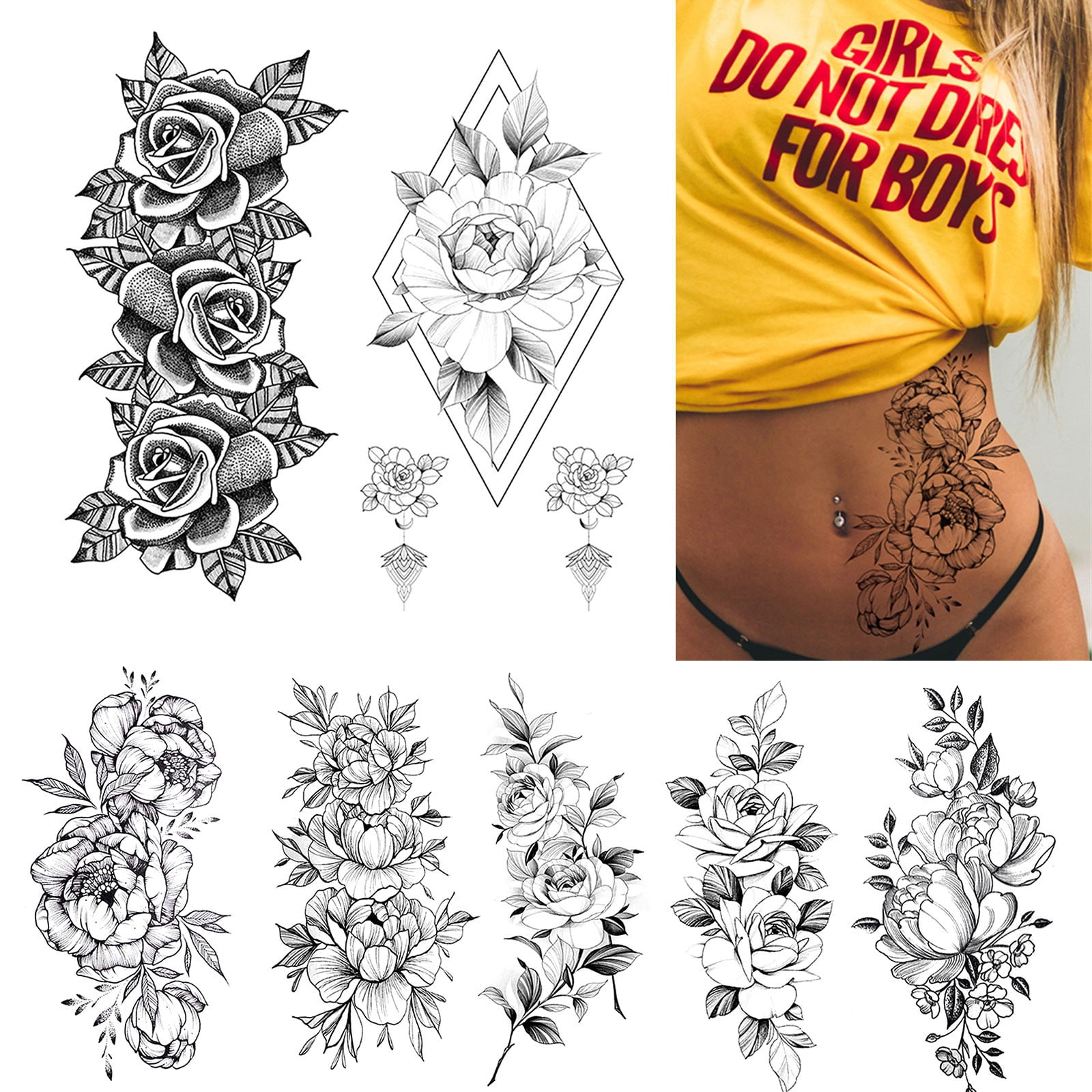 Clearance & Promo, Sketch Tattoos Stickers, Abstract Rose Flowers, Wall ...