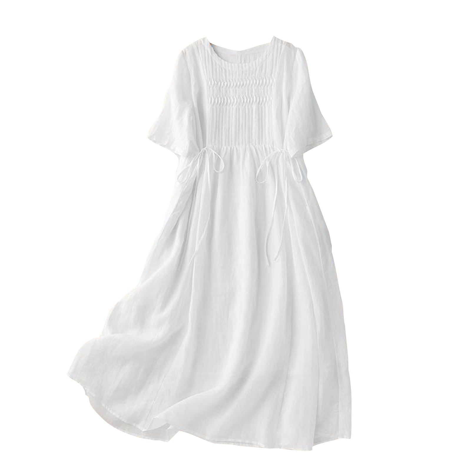 Clearance & Promo, Solid Color Organ Pleats Linen Dress, Mid-sleeve ...