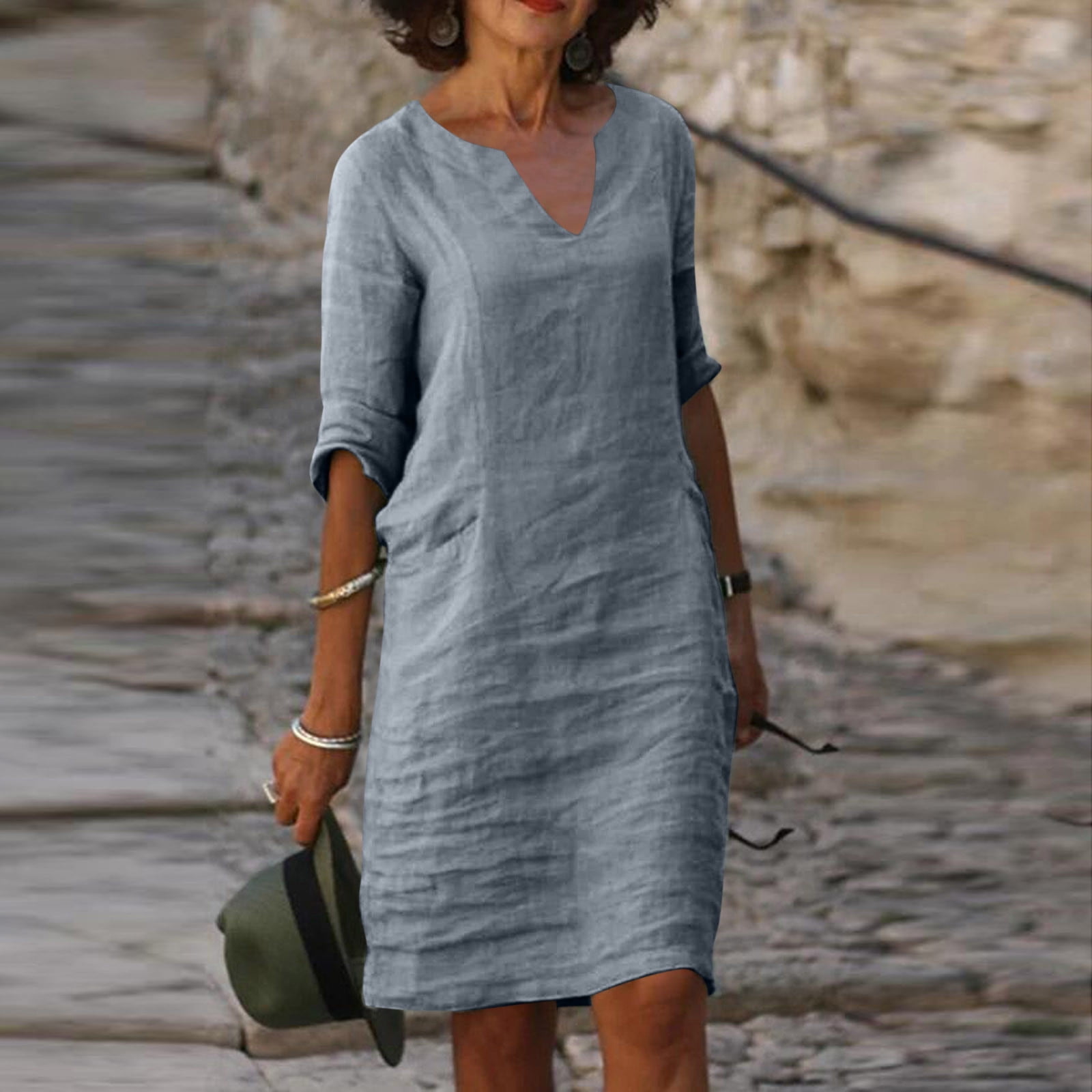 Clearance & Promo,Women's Vacation V-Neck Dress,Half Sleeve Solid Color ...
